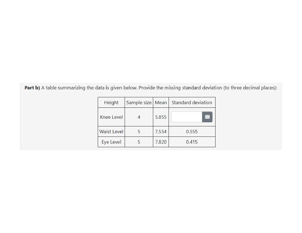 WW9 - Webwork 9 solutions - STAT 251 - Part b) A table summarizing the data is given below ...