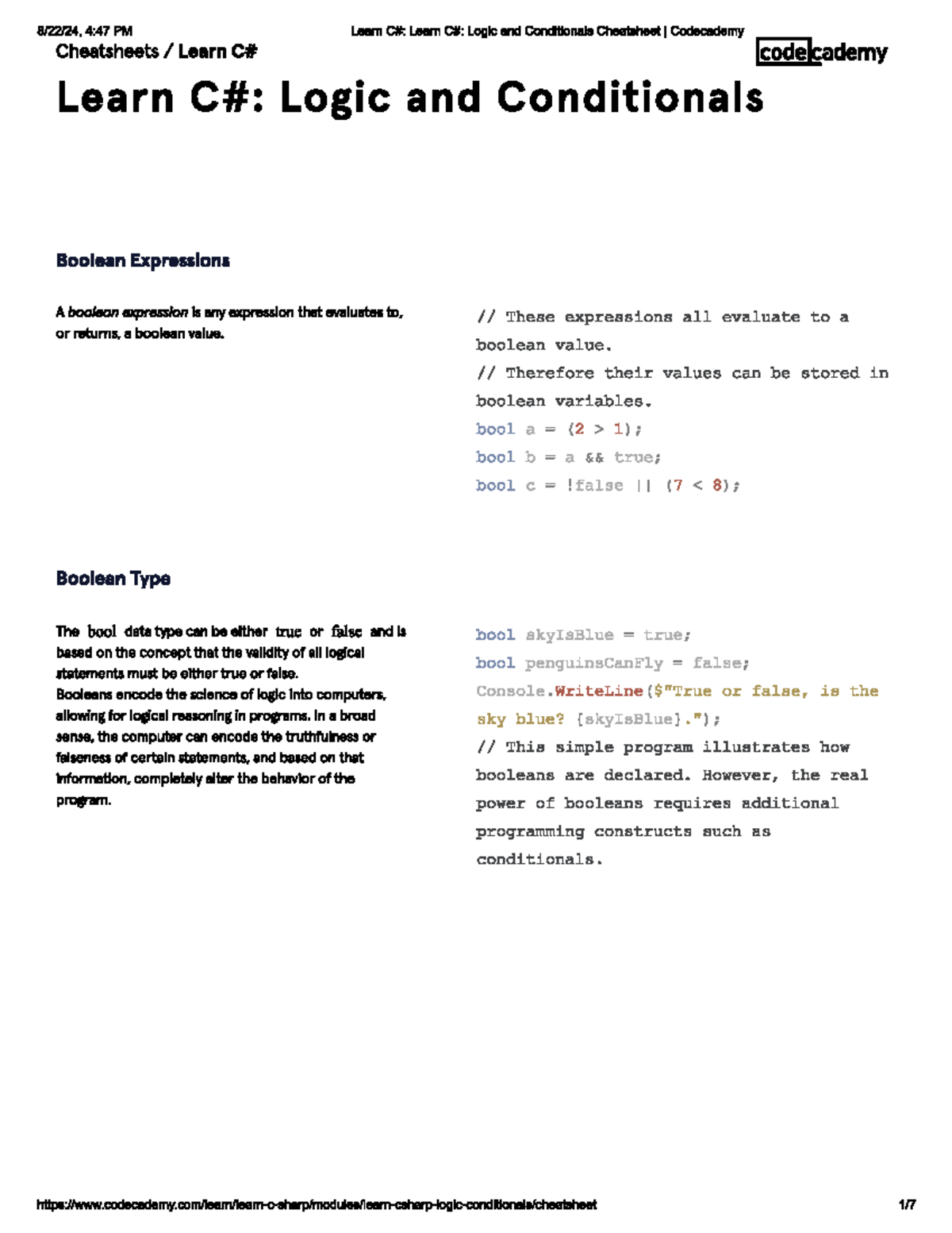 C# Logic and Conditionals Cheat Sheet: Key Concepts and Operators - Studocu