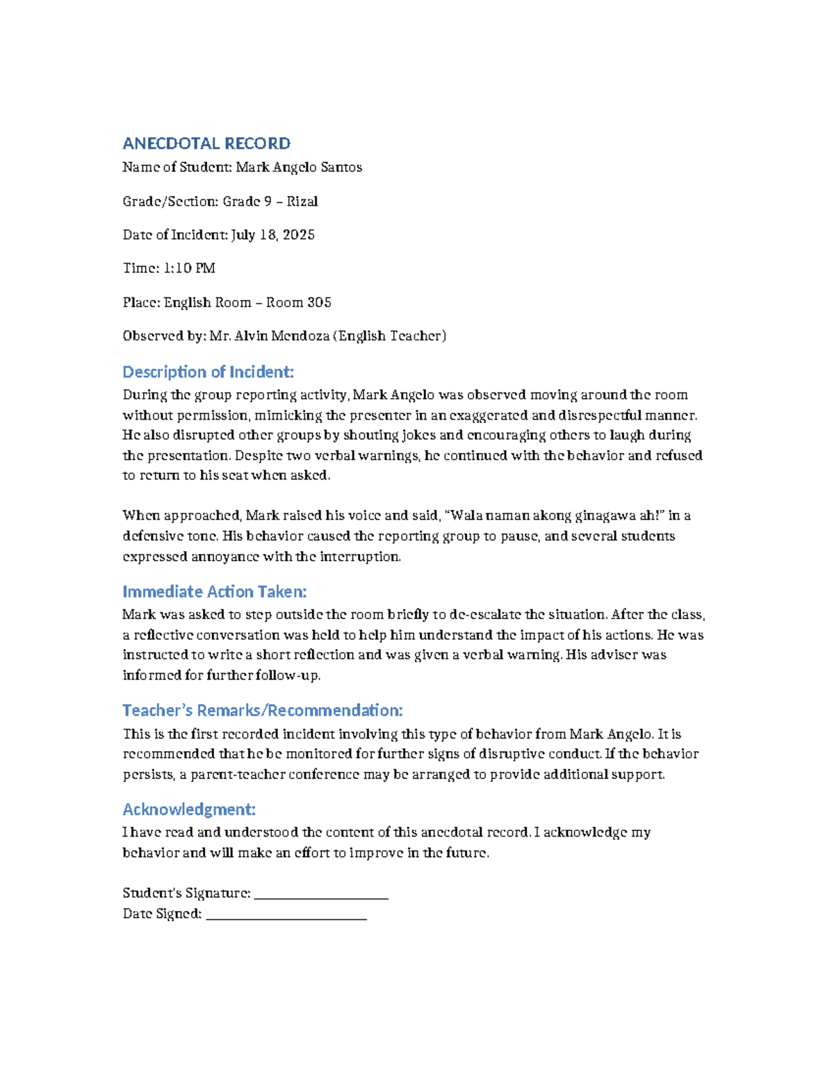 Anecdotal Record: Disruptive Behavior of Mark Angelo Santos (Grade 9 ...