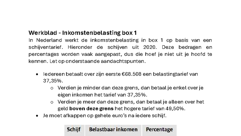 Werkblad Inkomstenbelasting Box 1: Berekeningen en Opdrachten 2020 ...