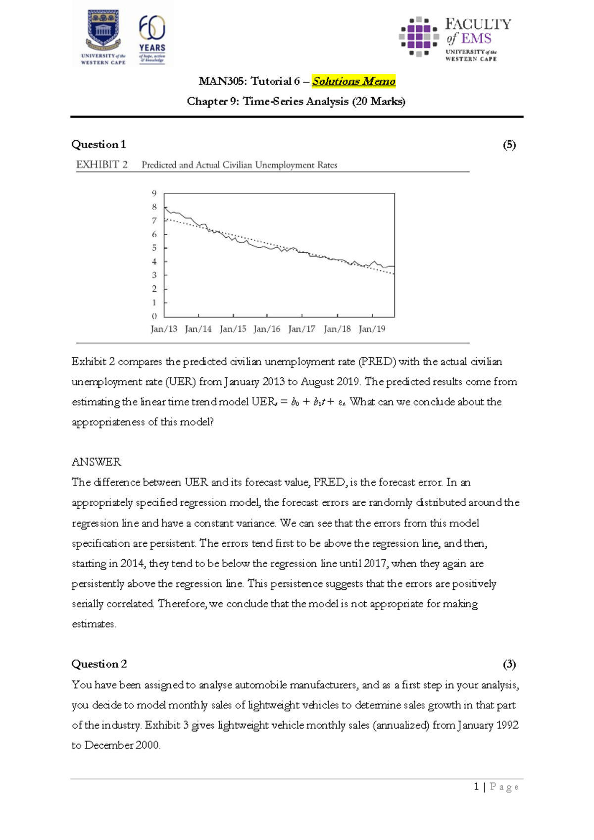 MAN305: Tutorial 6 Chapter 9 Time-Series Analysis Solutions Memo - Studocu