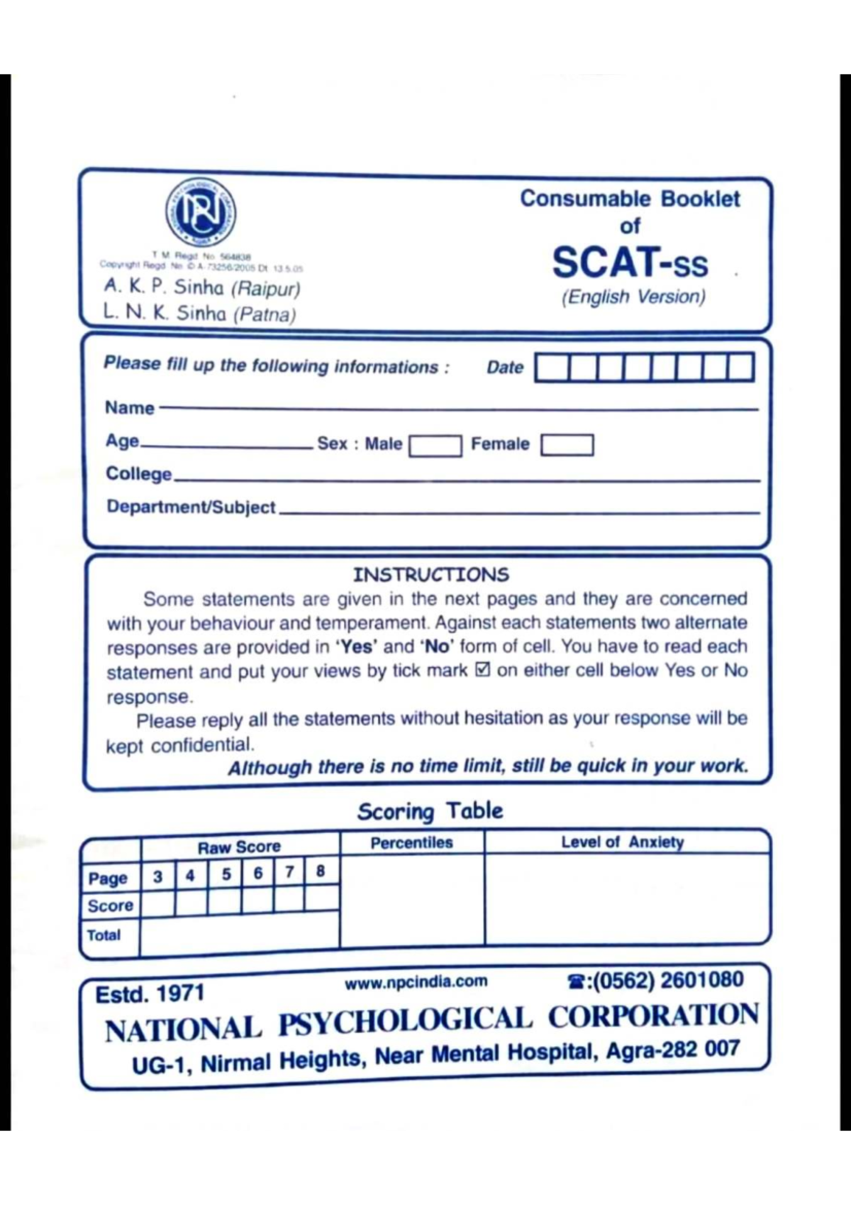 Comprehensive Anxiety Test (Eng) - Consumable Booklet RP17 - Studocu