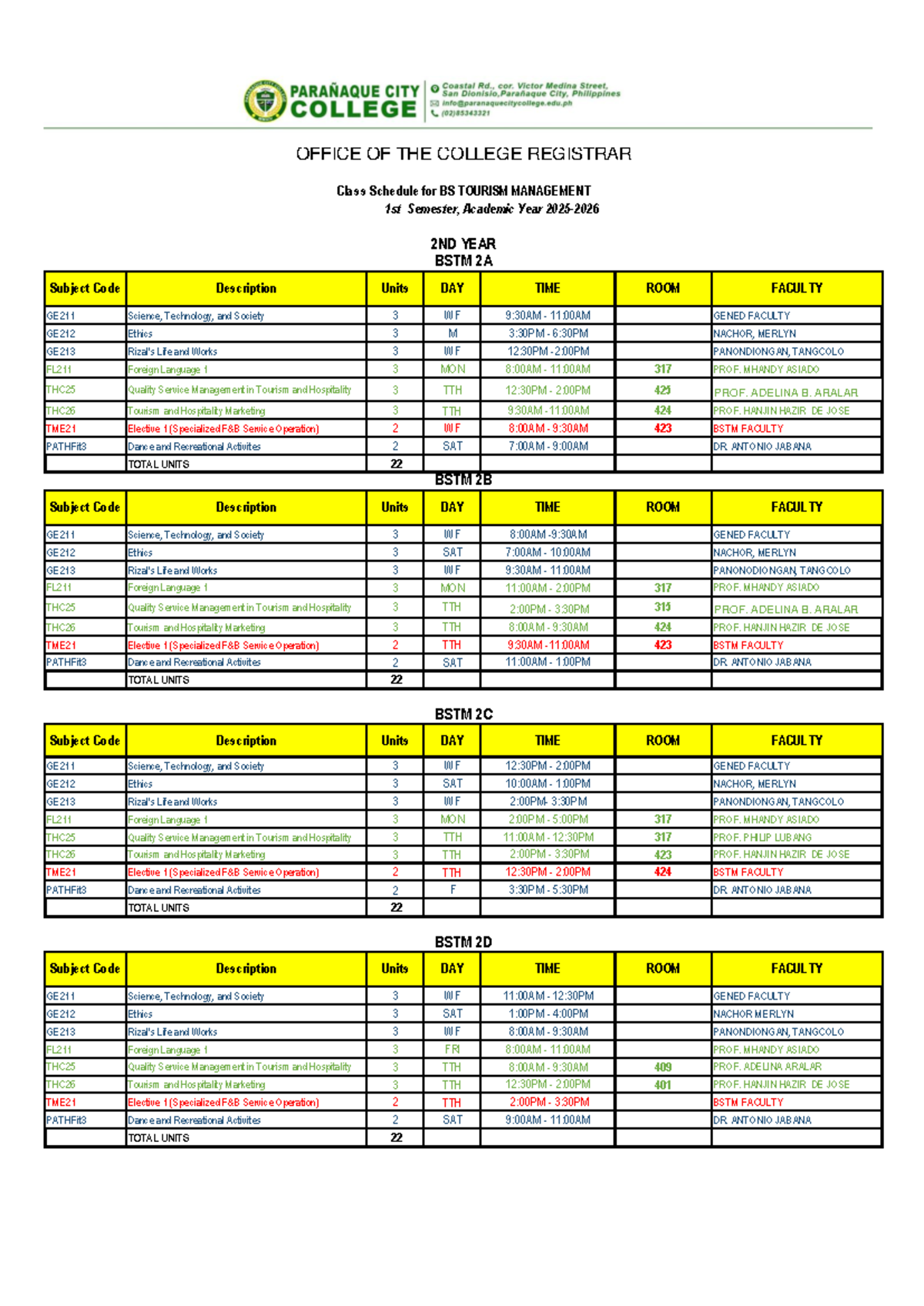 BSTM 2A Class Schedule for 1st Semester, AY 2023-2024 - Studocu