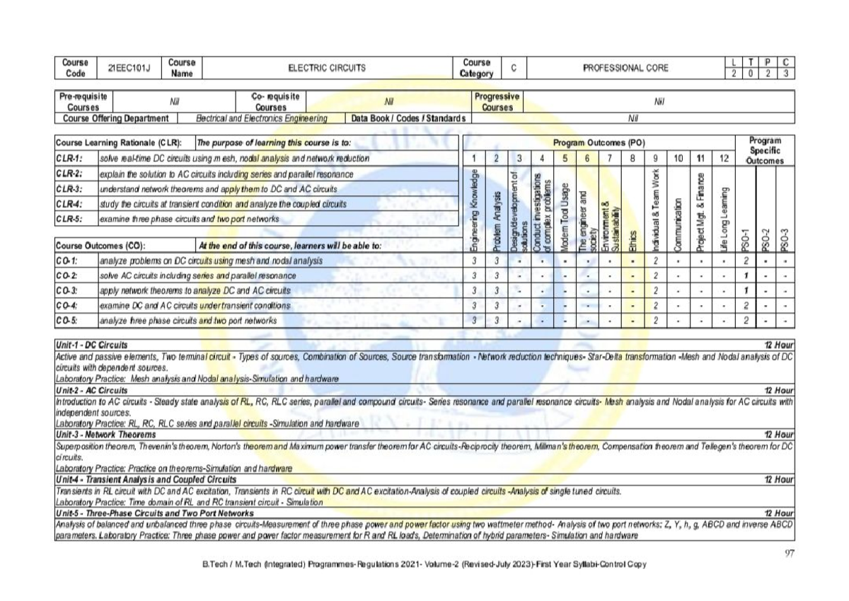 Electrical Circuit Syllabus - Course Course Course L T P C 21EEC101J ...