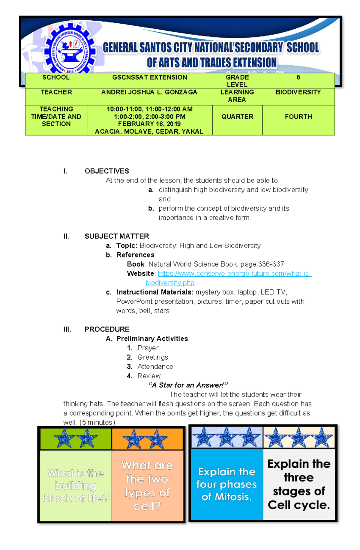 Lesson Plan: Exploring Biodiversity for Grade 8 (GSCNSSAT) - Studocu