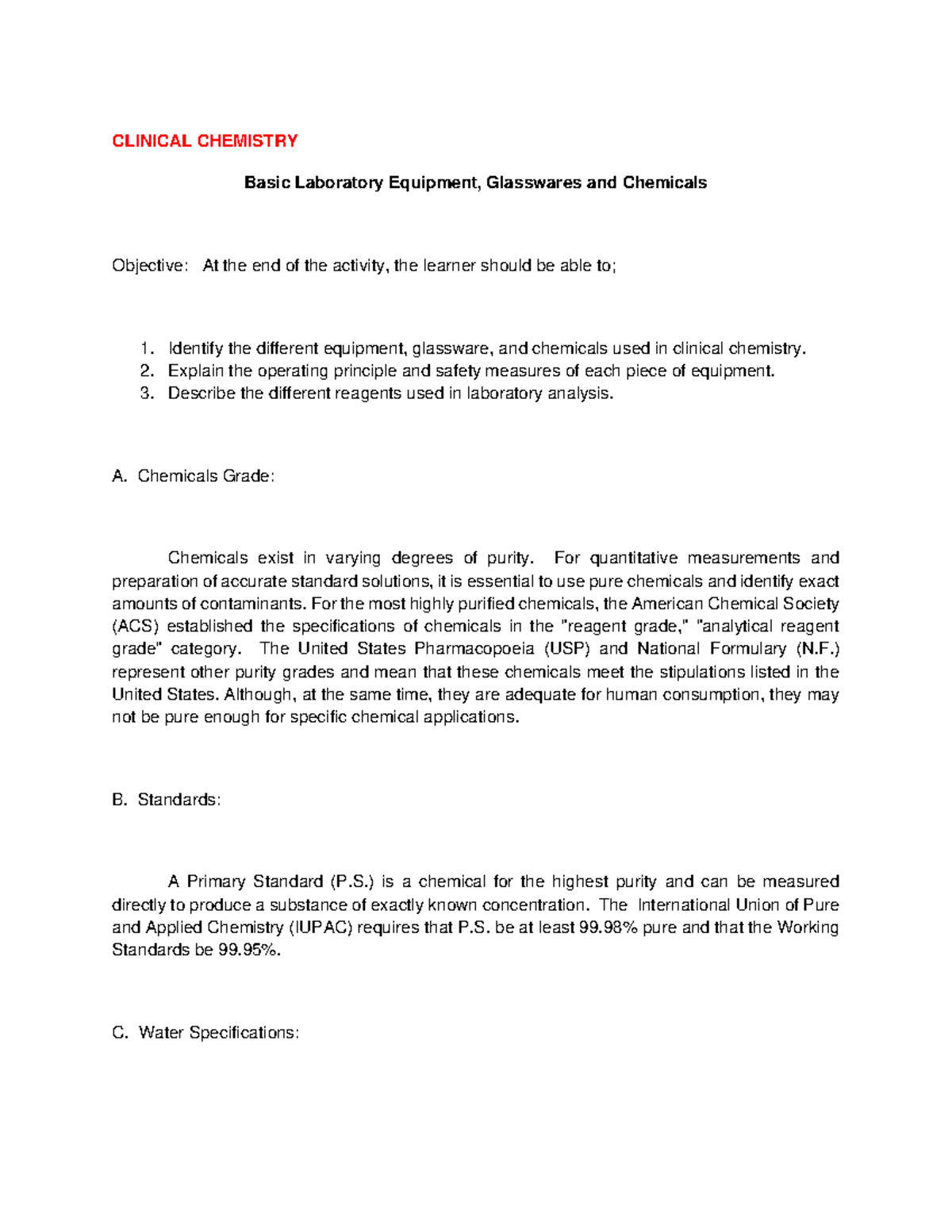 Clinical Chemistry: Lab Equipment, Glassware & Chemicals Overview - Studocu