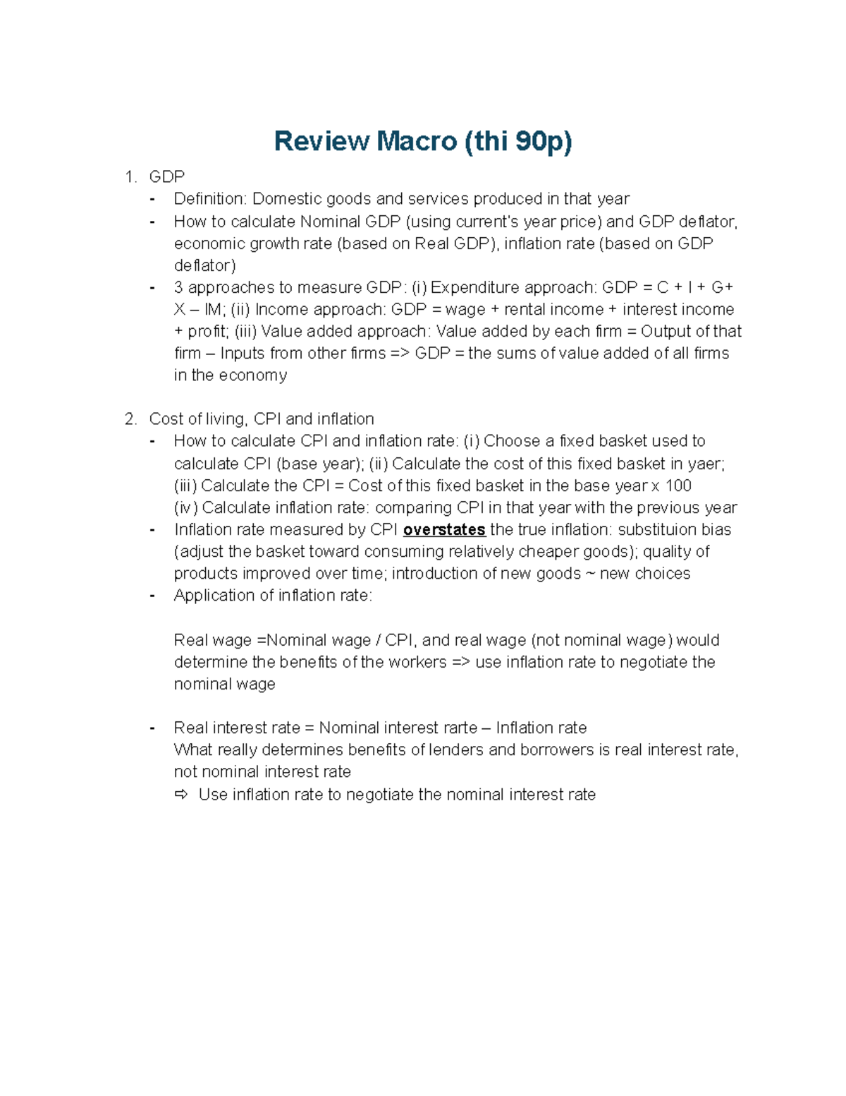 Review Macro (THI 90P) - Key Concepts in GDP, Inflation, and ...