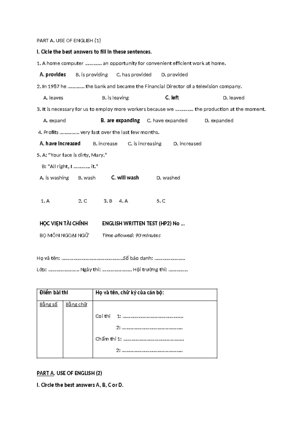 ENGLISH WRITTEN TEST (HPII) - ACADEMY OF FINANCE EXERCISES - Studocu