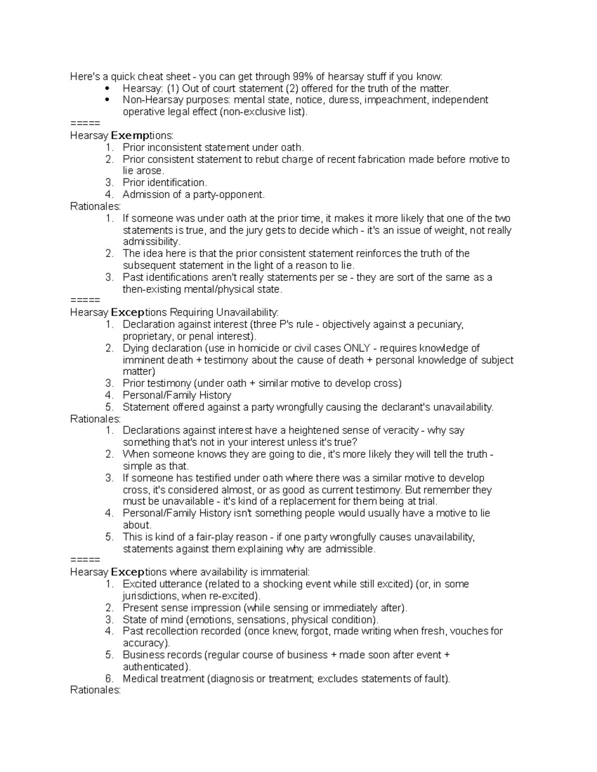 Hearsay Notes: Key Exceptions and Rationales Explained - Studocu