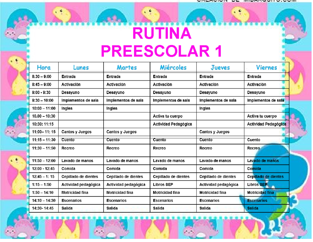 Rutina Preescolar Semanal PREE1: Actividades Diarias - Studocu