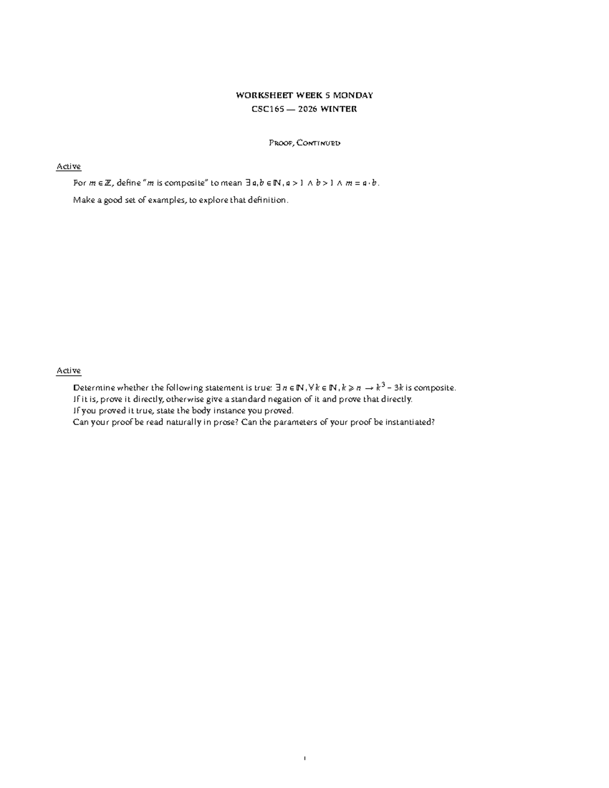 Worksheet Week 5 Monday CSC165 2026 Winter: Proof Techniques and ...