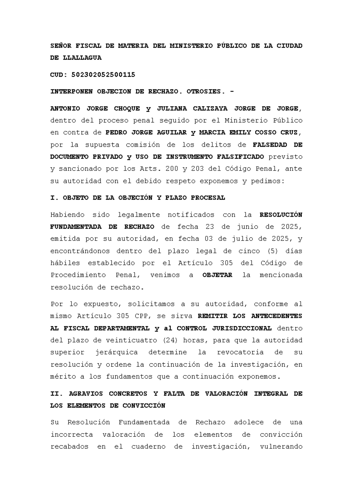 CUD: 502302052500115 - Objeción de Rechazo en Proceso Penal - Studocu