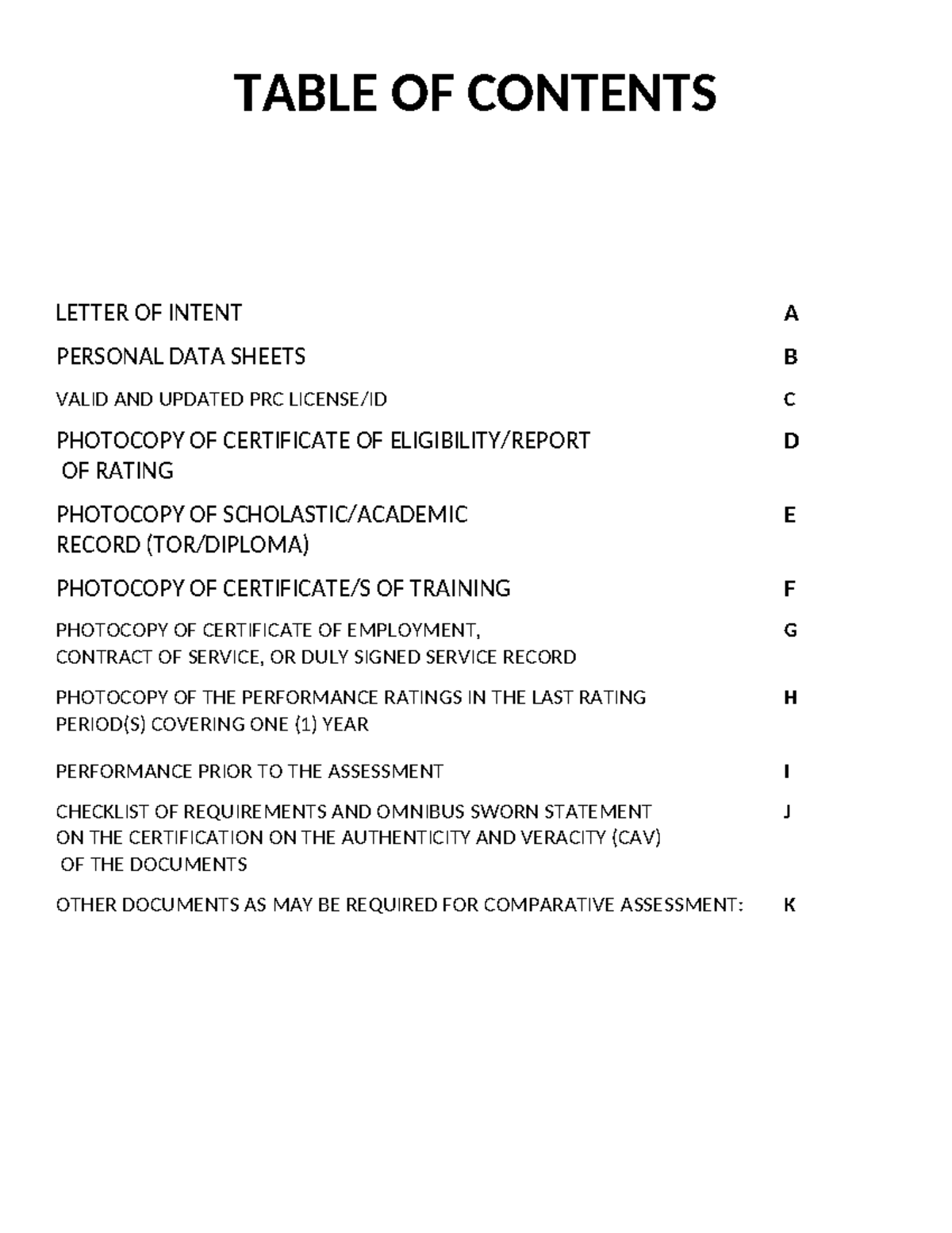 Table OF Contents for RQA - TABLE OF CONTENTS ####### LETTER OF INTENT ...