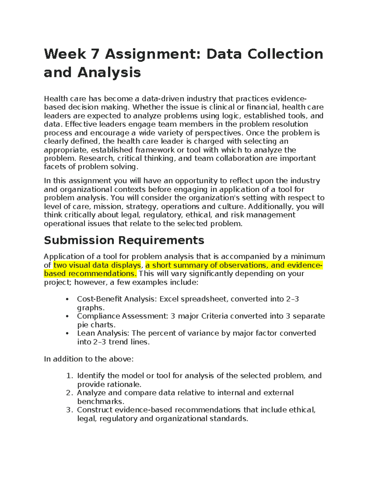 BHA Week 7 Assignment: Data Collection & Analysis in Healthcare - Studocu