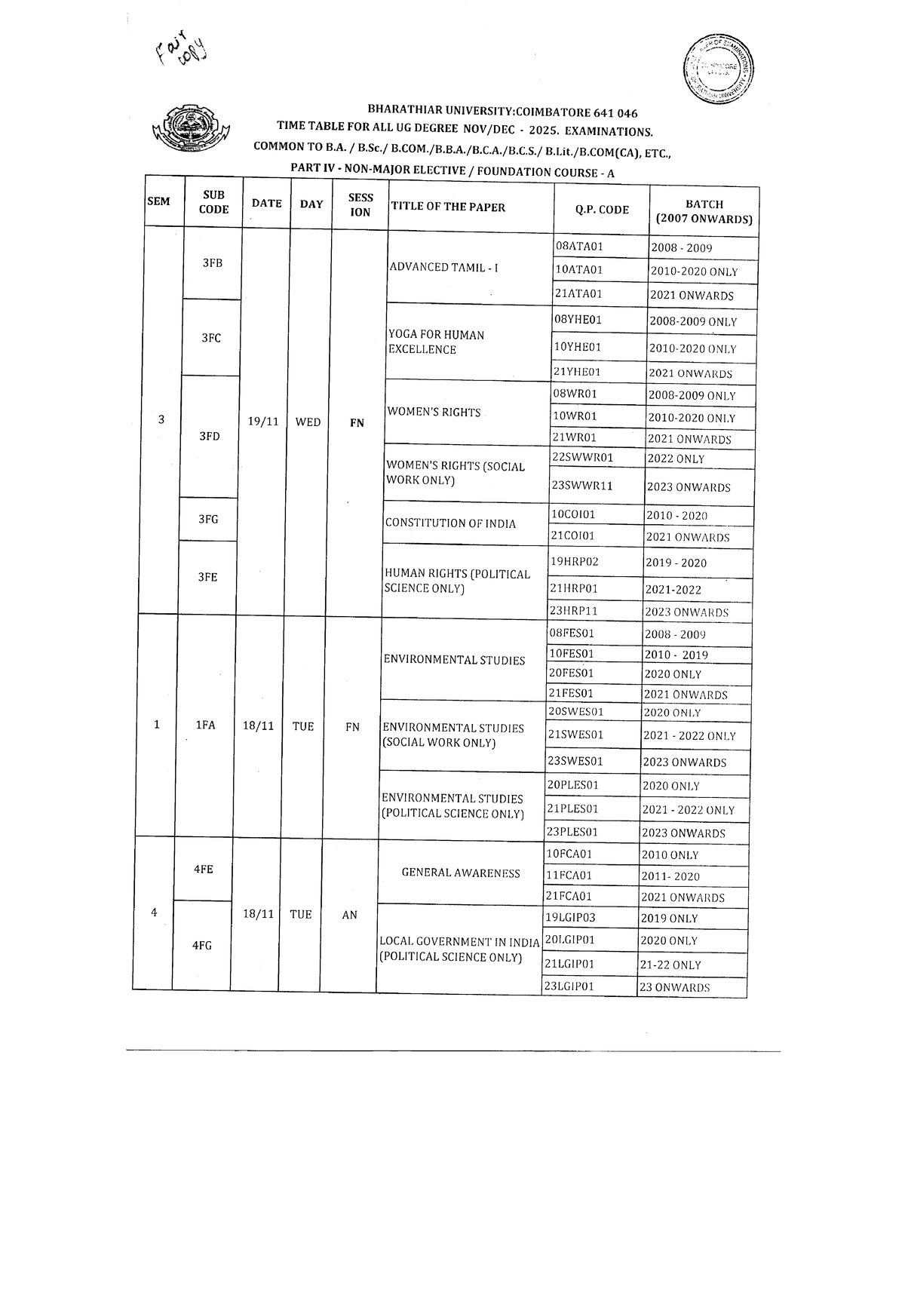 UG Degree Foundation Course Time Table 2025 - Bharathiar University ...