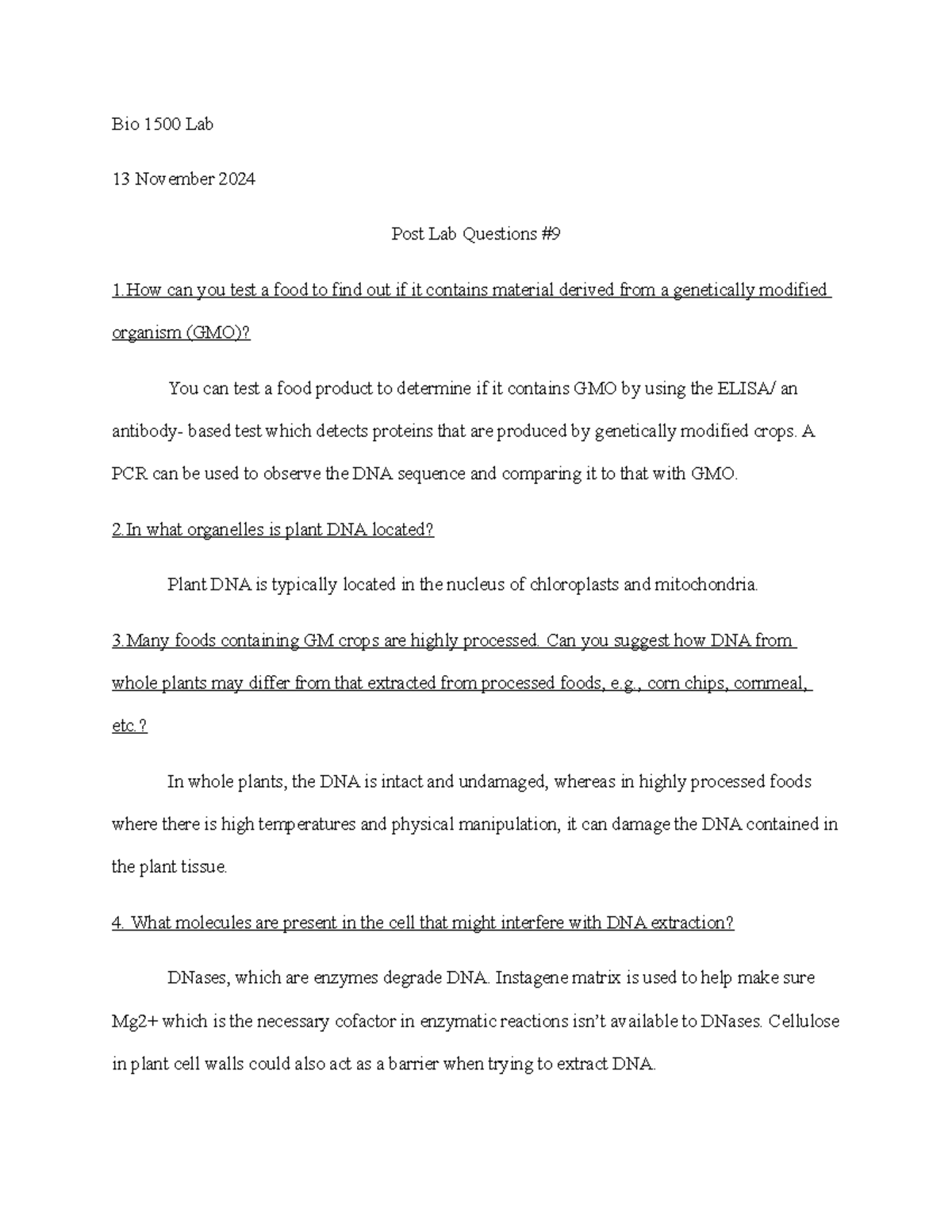 Bio 1500 Lab 13: Post Lab Questions on GMO Testing - Studocu