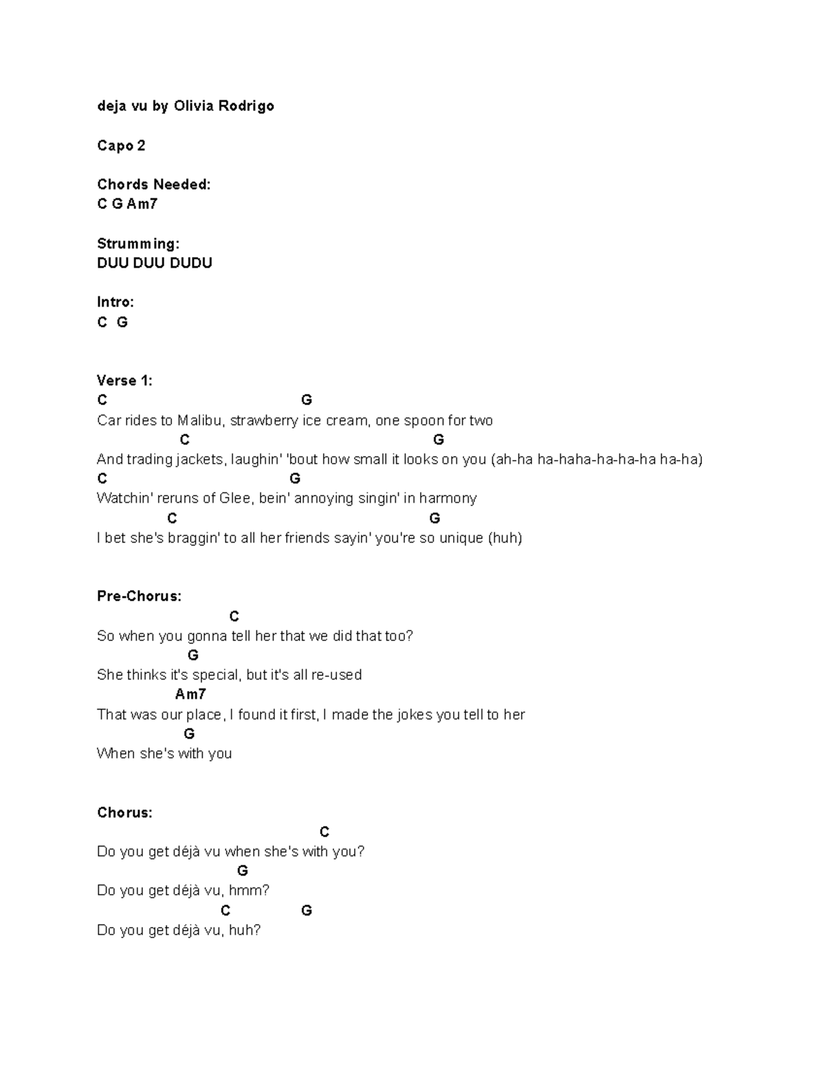 Deja+vu - música - deja vu by Olivia Rodrigo Capo 2 Chords Needed: C G ...
