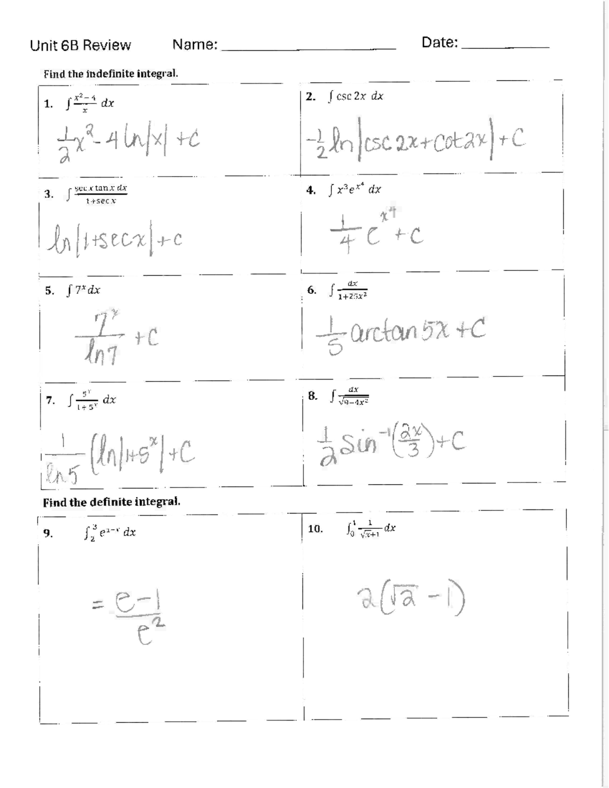 Unit 6B Review: Indefinite & Definite Integrals Practice - Studocu