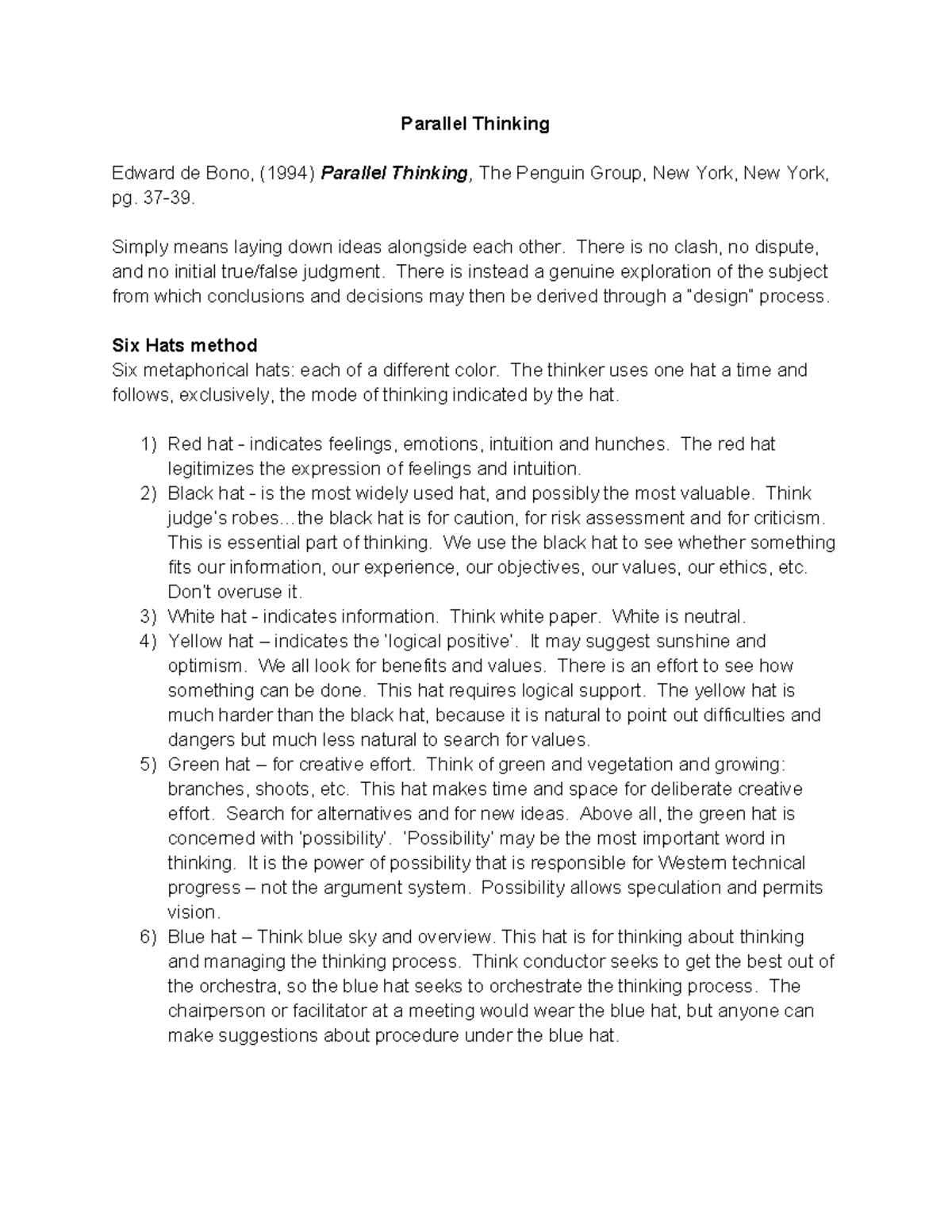 Parallel Thinking - Six Hats Method Overview Notes - Studocu