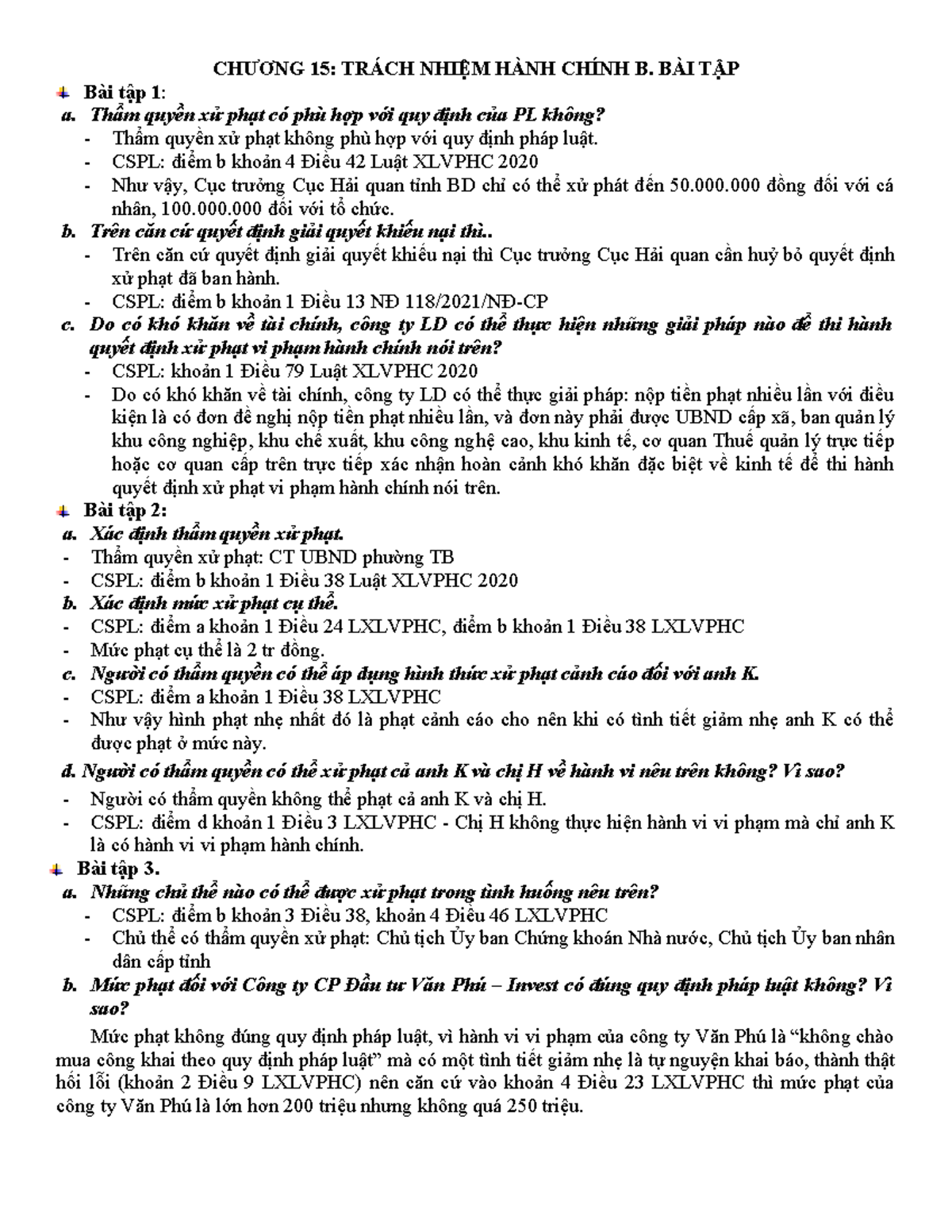 CHƯƠNG 15: TRÁCH NHIỆM HÀNH CHÍNH - BÀI TẬP VÀ GIẢI QUYẾT VPHC - Studocu