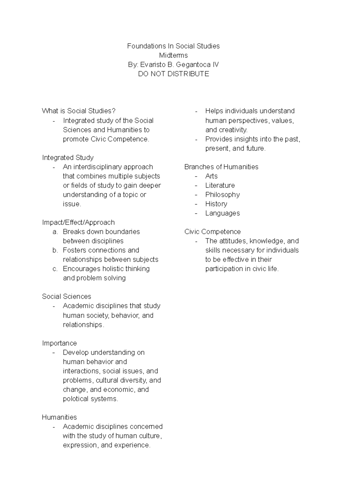 Foundations in Social Studies Midterm Review: Evaristo B. Gegantoca IV ...