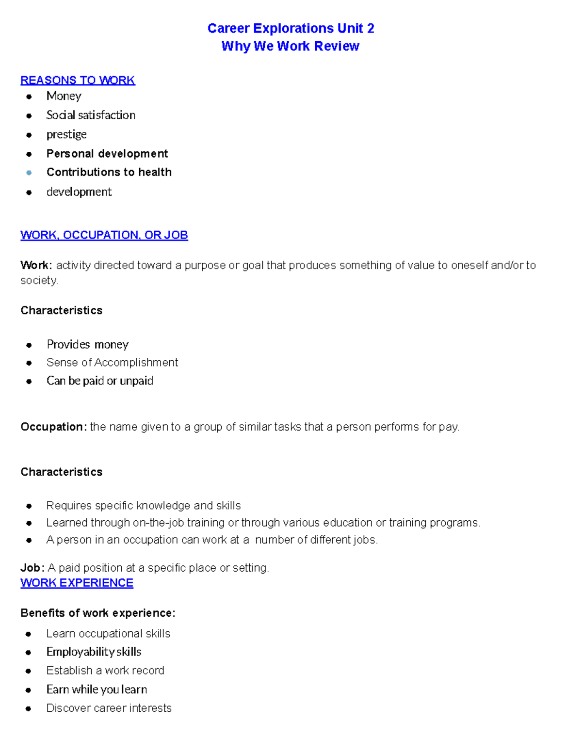 Unit 2: Why We Work - Career Explorations Review - Studocu