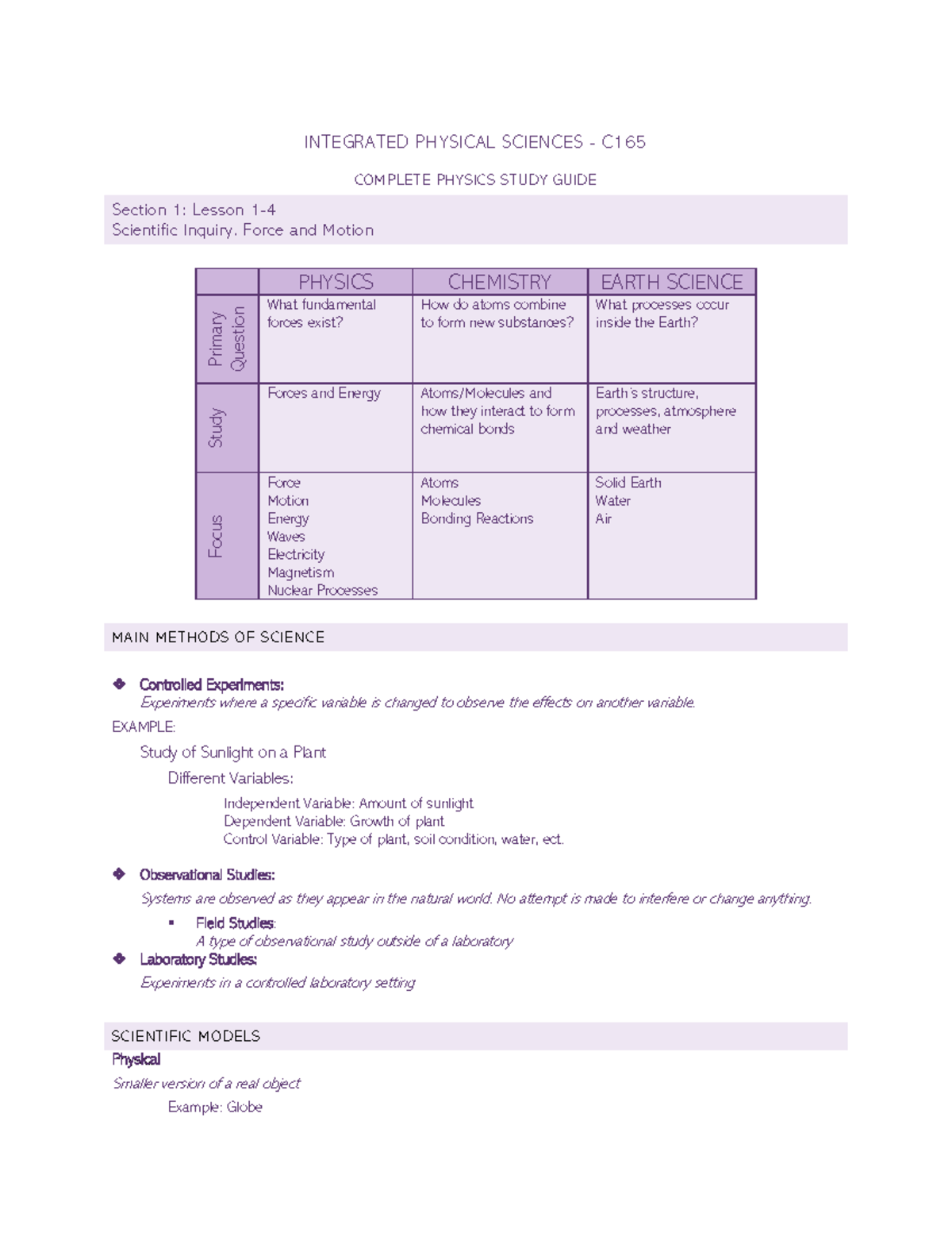 PHYSICS C165 COMPLETE STUDY GUIDE: FORCE, MOTION & ENERGY CONCEPTS ...