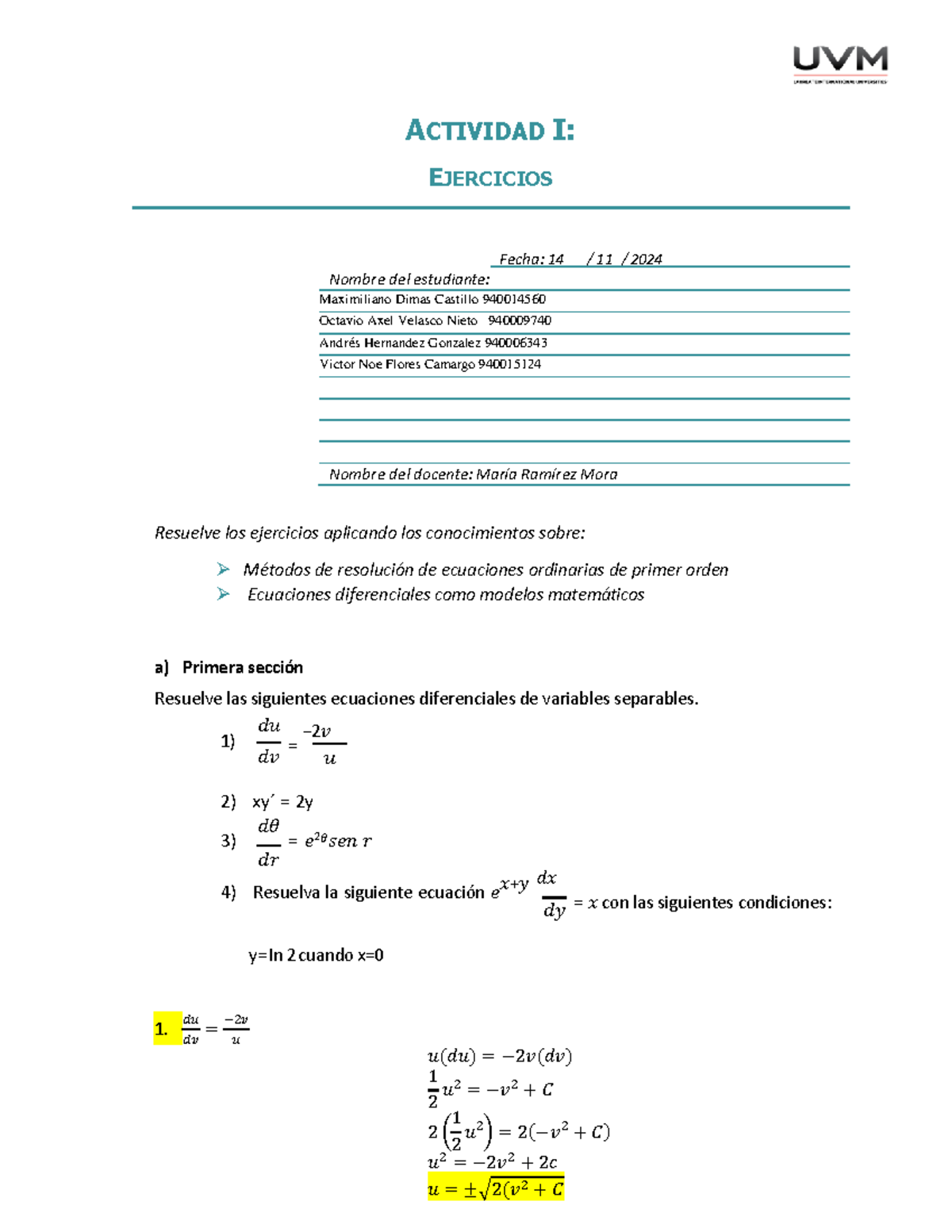 ACT-1 EQ EDYS - Ecuaciones diferenciales - ACTIVIDAD I: EJERCICIOS Fecha: 14 / 11 / 2024 Nombre ...