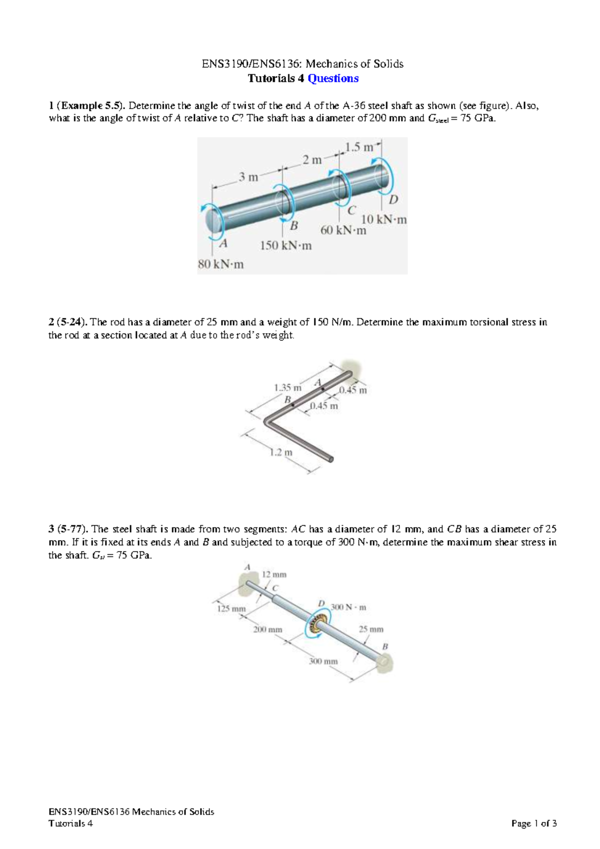 ENS3190/ENS6136 Mechanics of Solids Tutorial 4 Questions and Problems ...