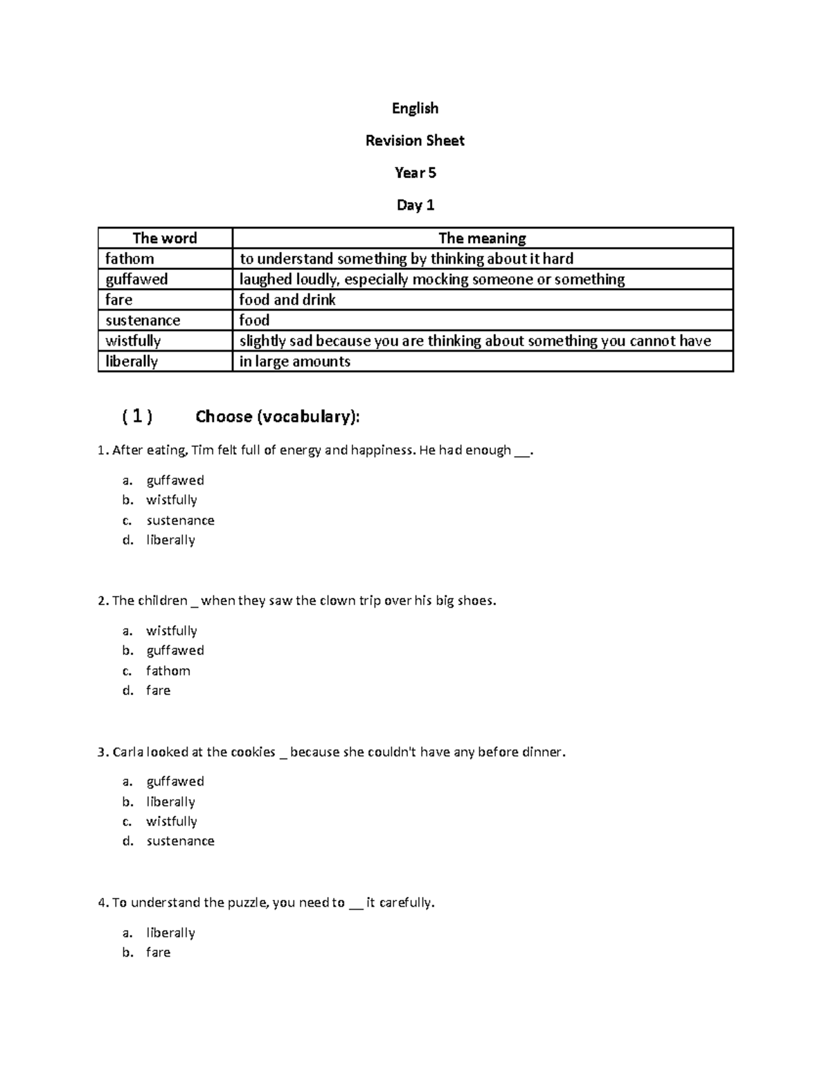 English Vocabulary Revision Sheet Year 5 - Day 1 - Studocu