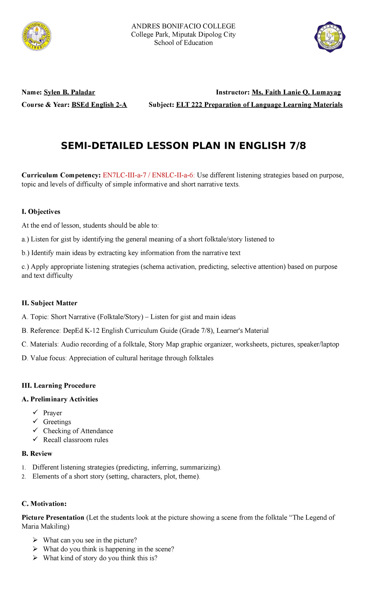 BSEd English ELT Lesson Plan: Listening Strategies for Folktales - Studocu