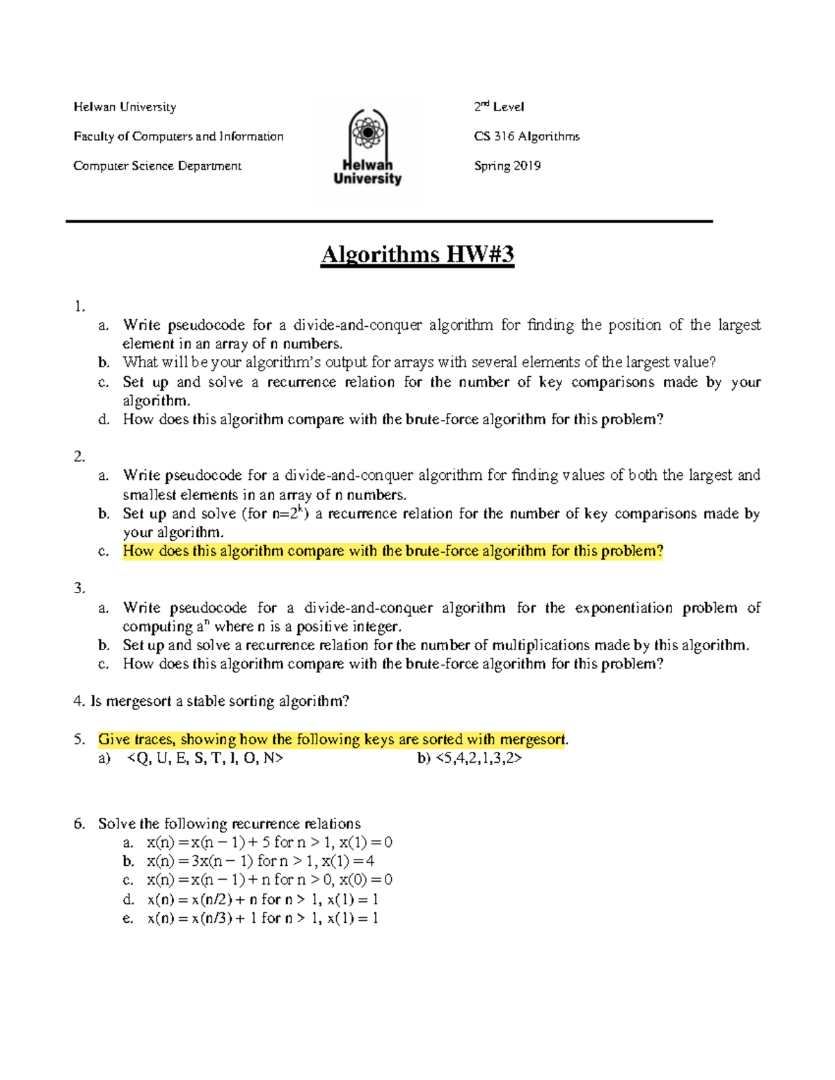 Cs316 Algorithm Hw 3 Helwan University 2 Nd Level Faculty Of Computers And Information Cs 316