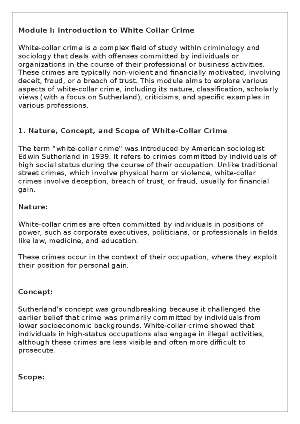 Final Exam Notes: White Collar Crime (Module I & II) Overview - Studocu