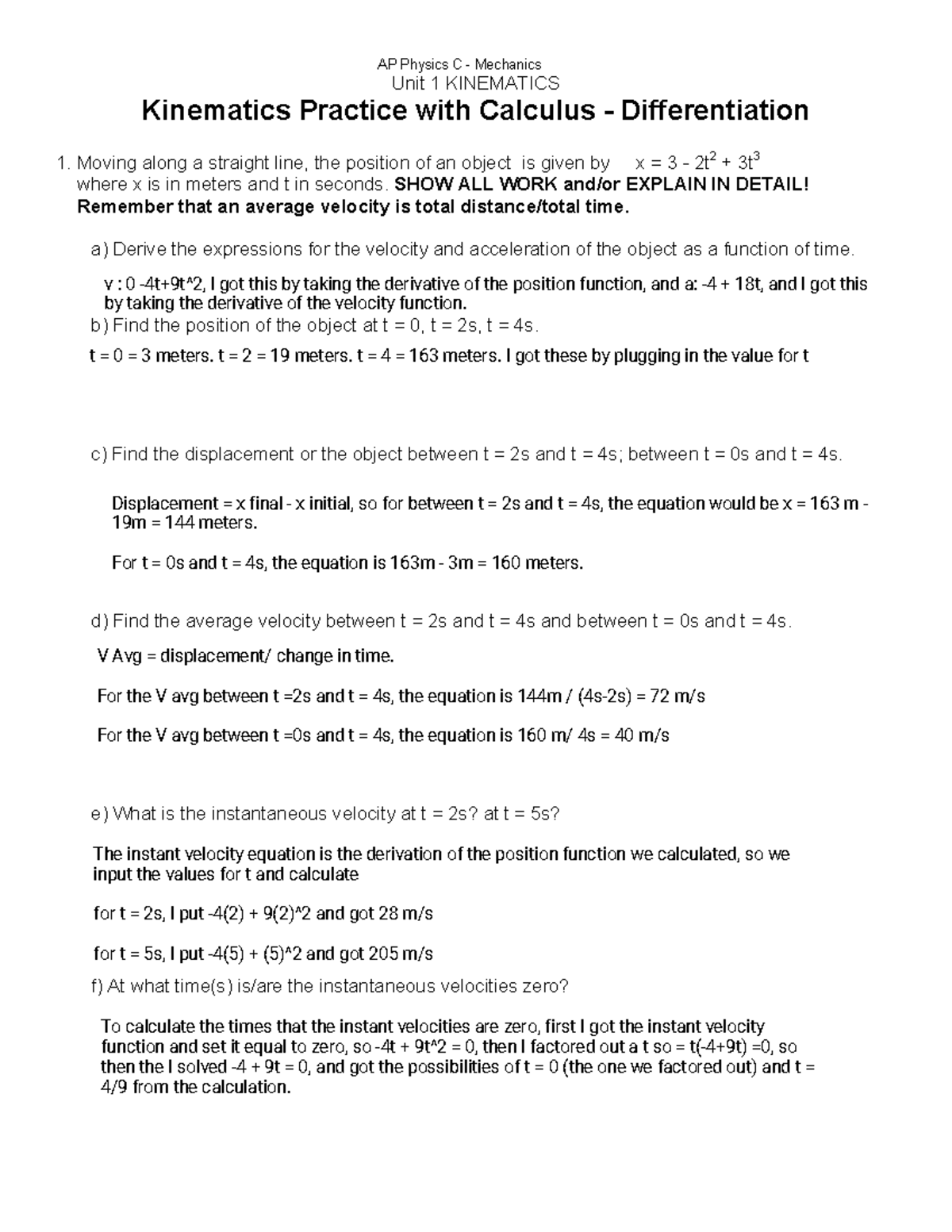 AP Physics C Mechanics Unit 1: Kinematics Practice with Calculus - Studocu