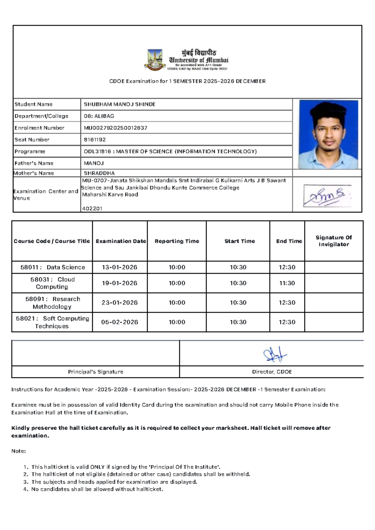 CDOE 1st SEM DEC Exam Hall Ticket for ODL31816: MSc IT Students - Studocu