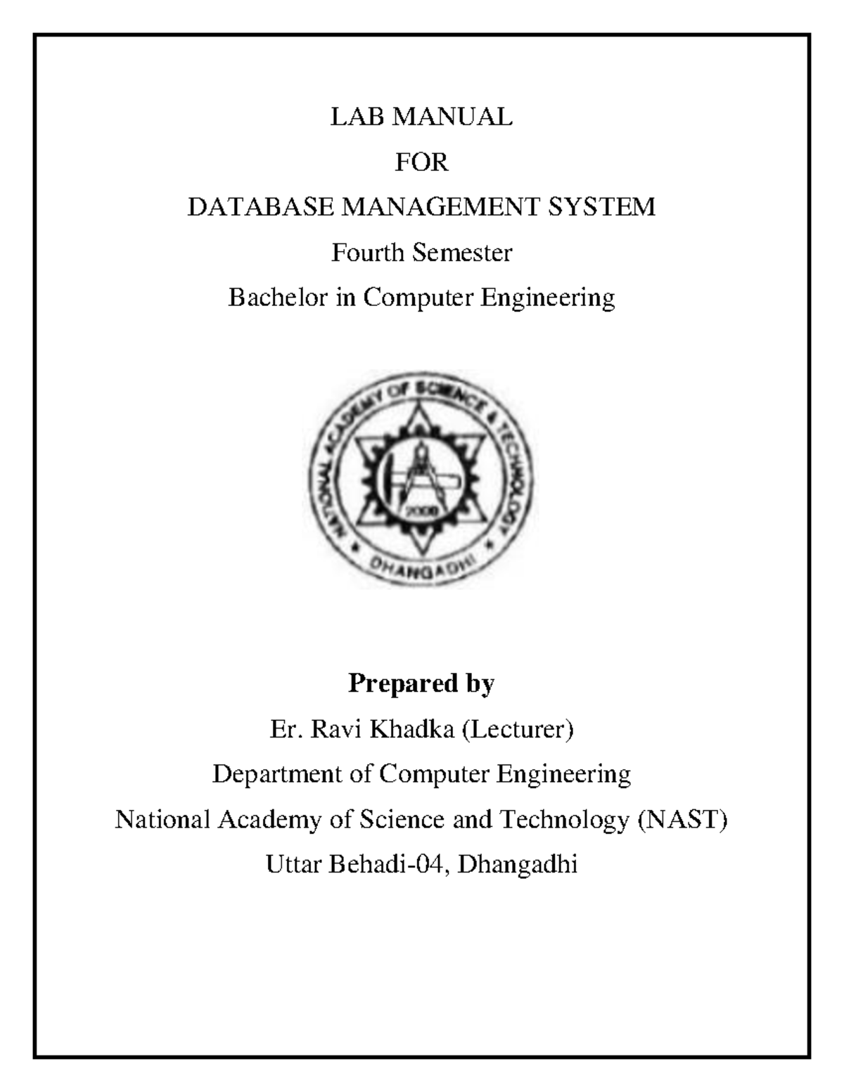 DBMS Lab Manual (4th Sem) - Practical Guide for Computer Engineering - Studocu