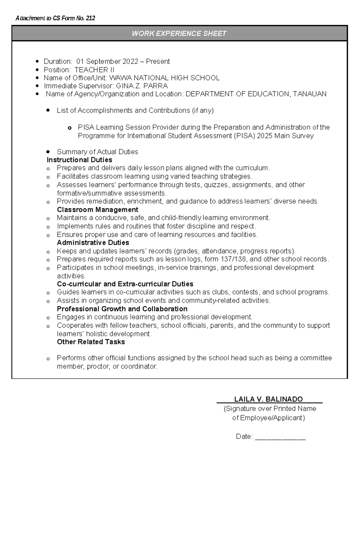 CS Form No. 212: Teacher II Work Experience Sheet (Annex H) - Studocu