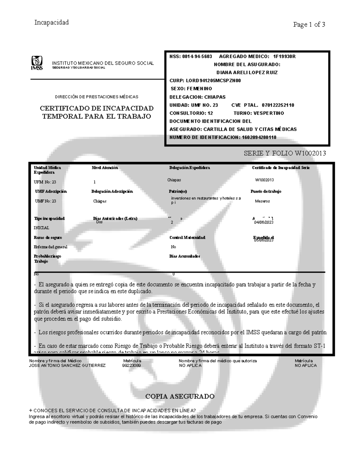 Certificado de Incapacidad Temporal IMSS - Diana Areli Lopez Ruiz - Studocu