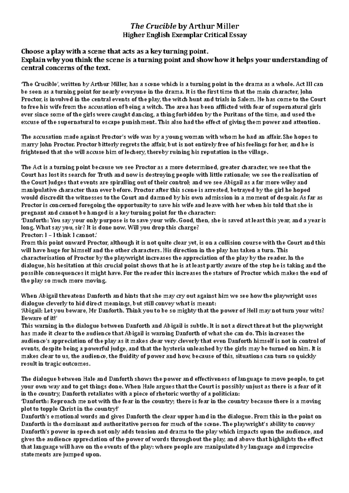 Higher English Critical Essay: Turning Point in "The Crucible" by A ...