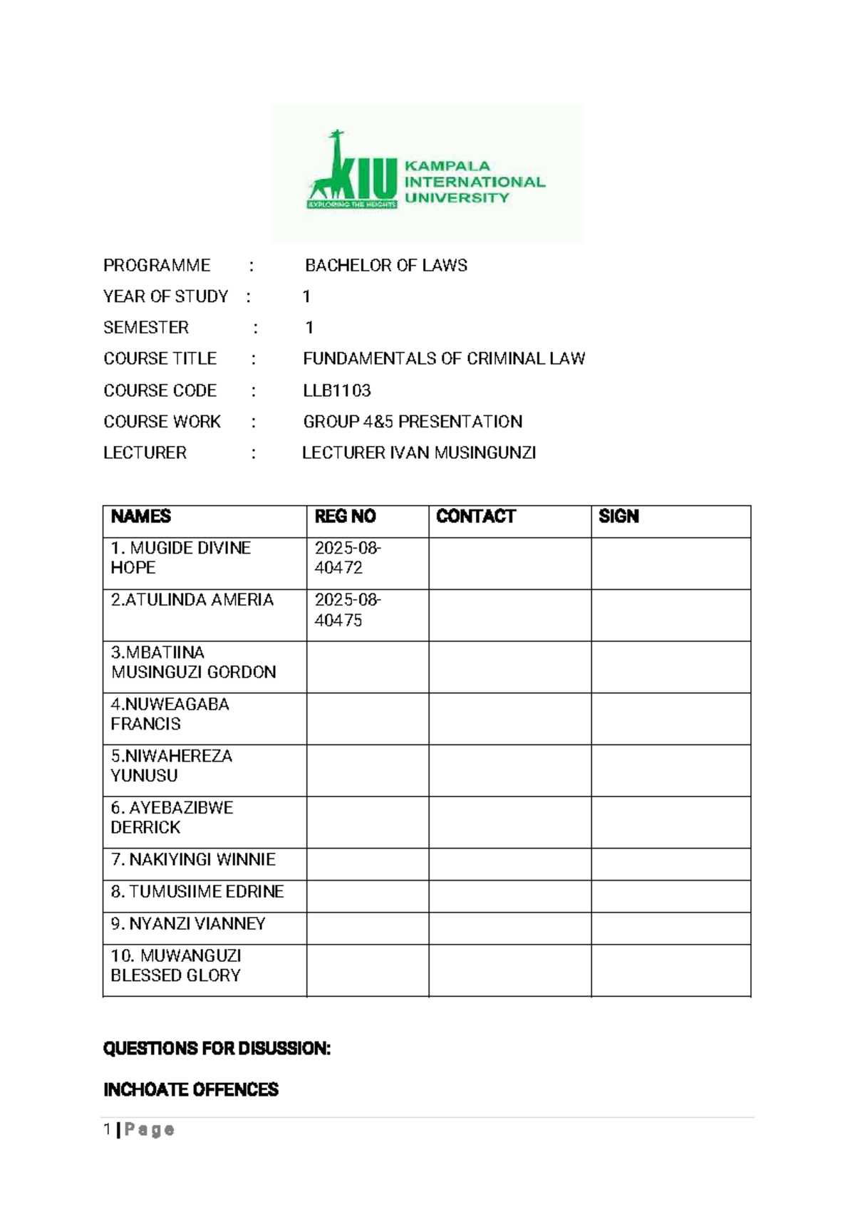 LLB1103 Group Presentation: Understanding Inchoate Offences in Criminal ...
