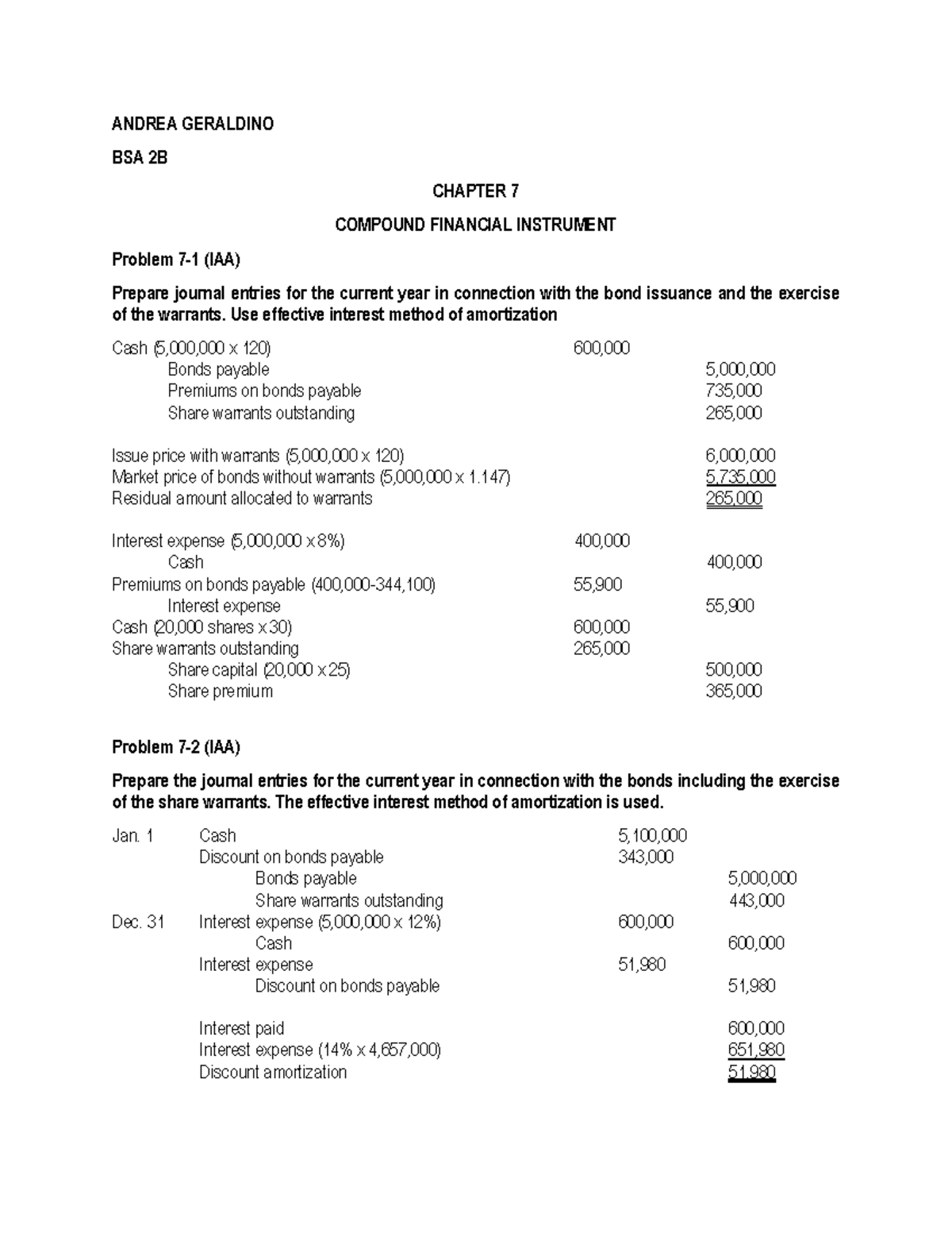 BSA 2B Chapter 7 Notes: Compound Financial Instruments Analysis - Studocu