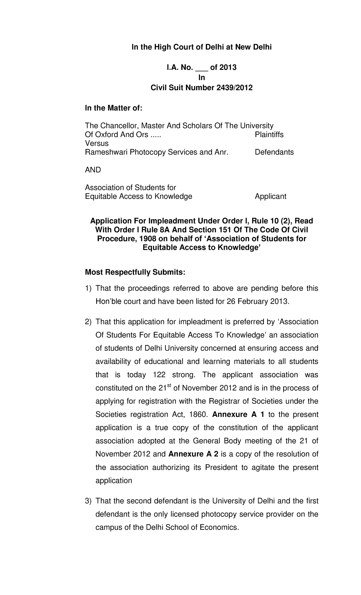 Application for Impleadment in High Court Case I.A. No. 2013 - Studocu