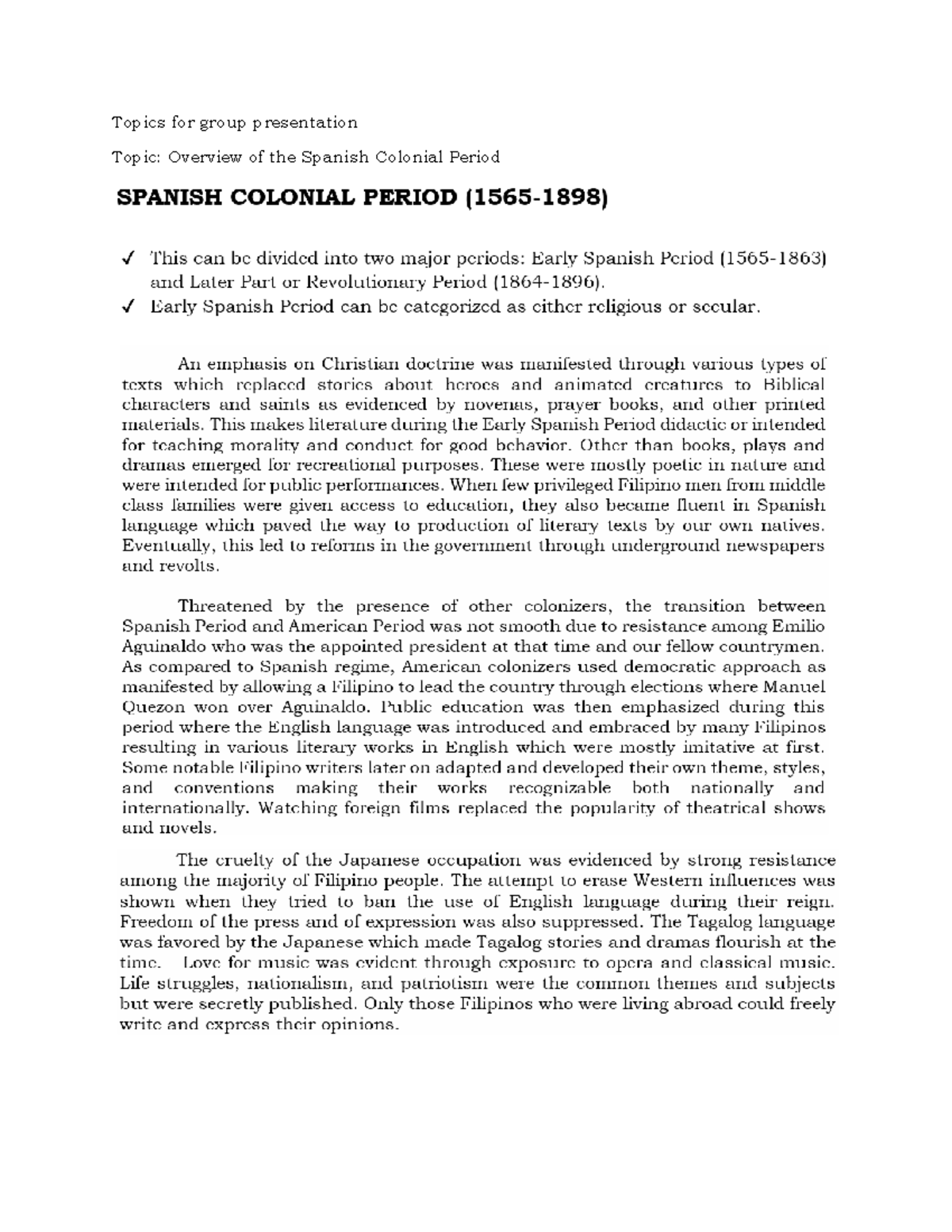 Colonial Period - Spanish - Humanities - Topics for group presentation ...
