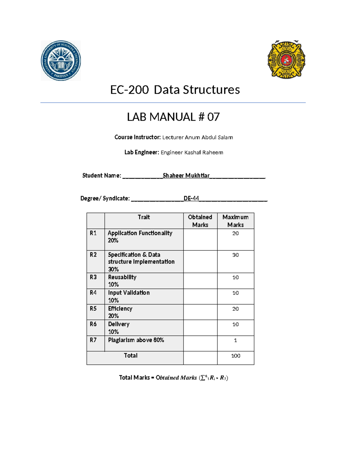 Lab07 DS - lab bst - EC-200 Data Structures LAB MANUAL # 07 ####### Course Instructor: Lecturer ...