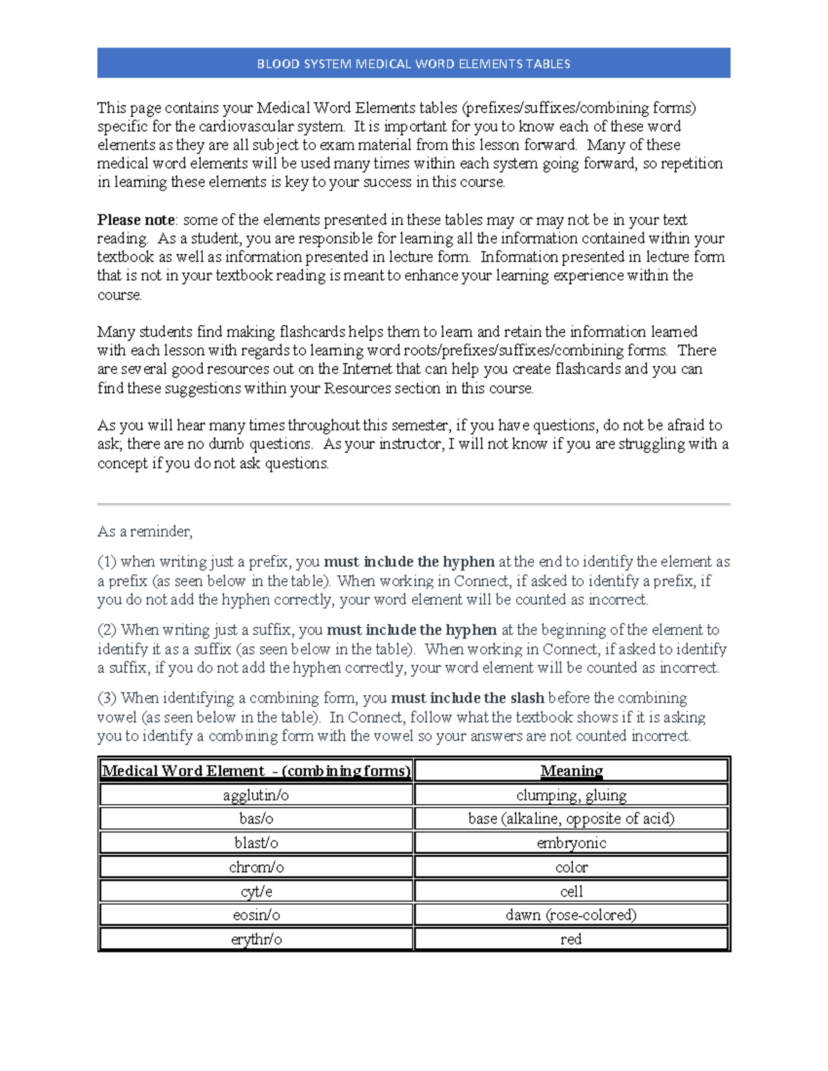 Blood System Medical Word Elements for Cardiovascular Study - Studocu