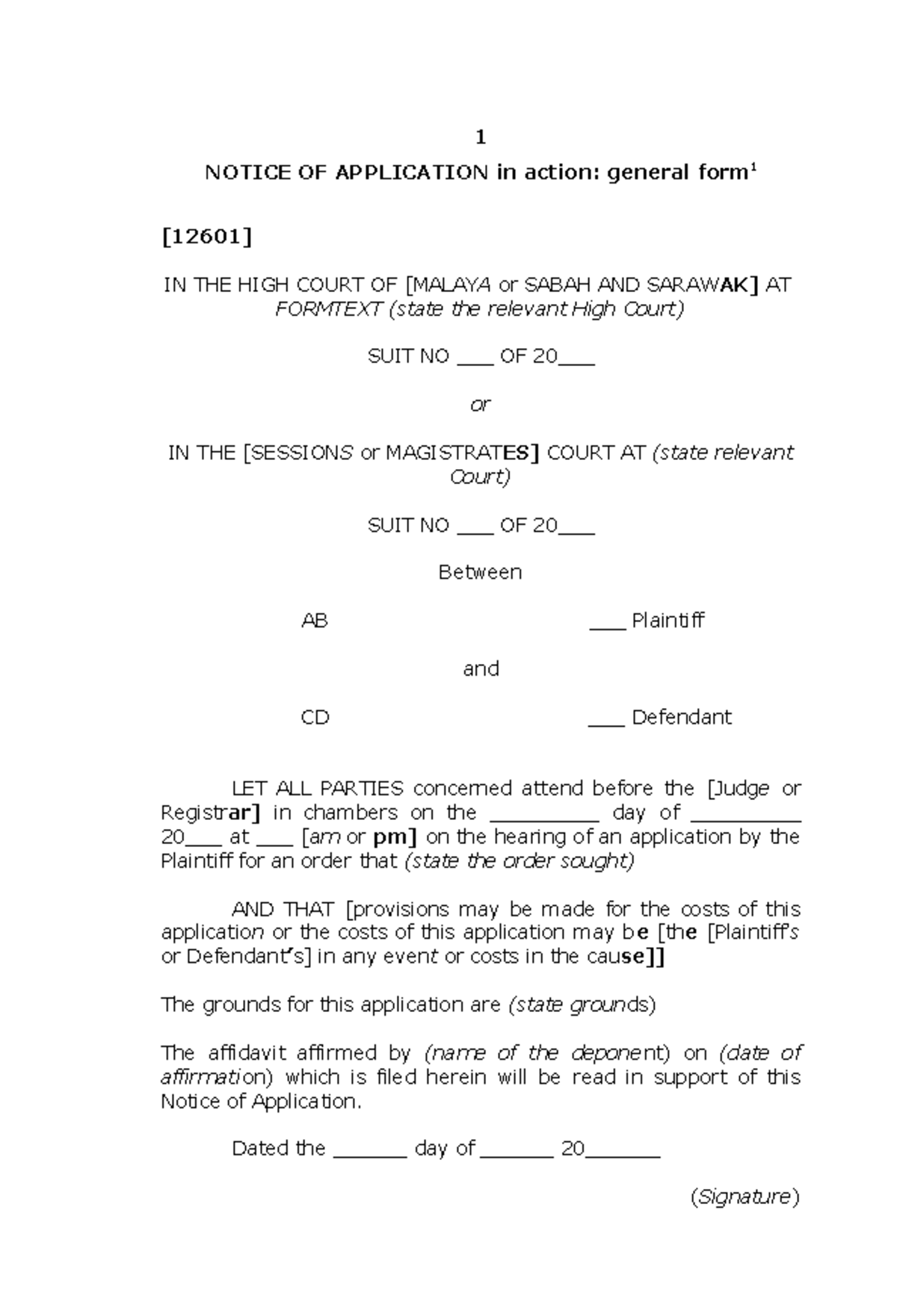 1 Notice of Application in Action: General Form for High Court - Studocu
