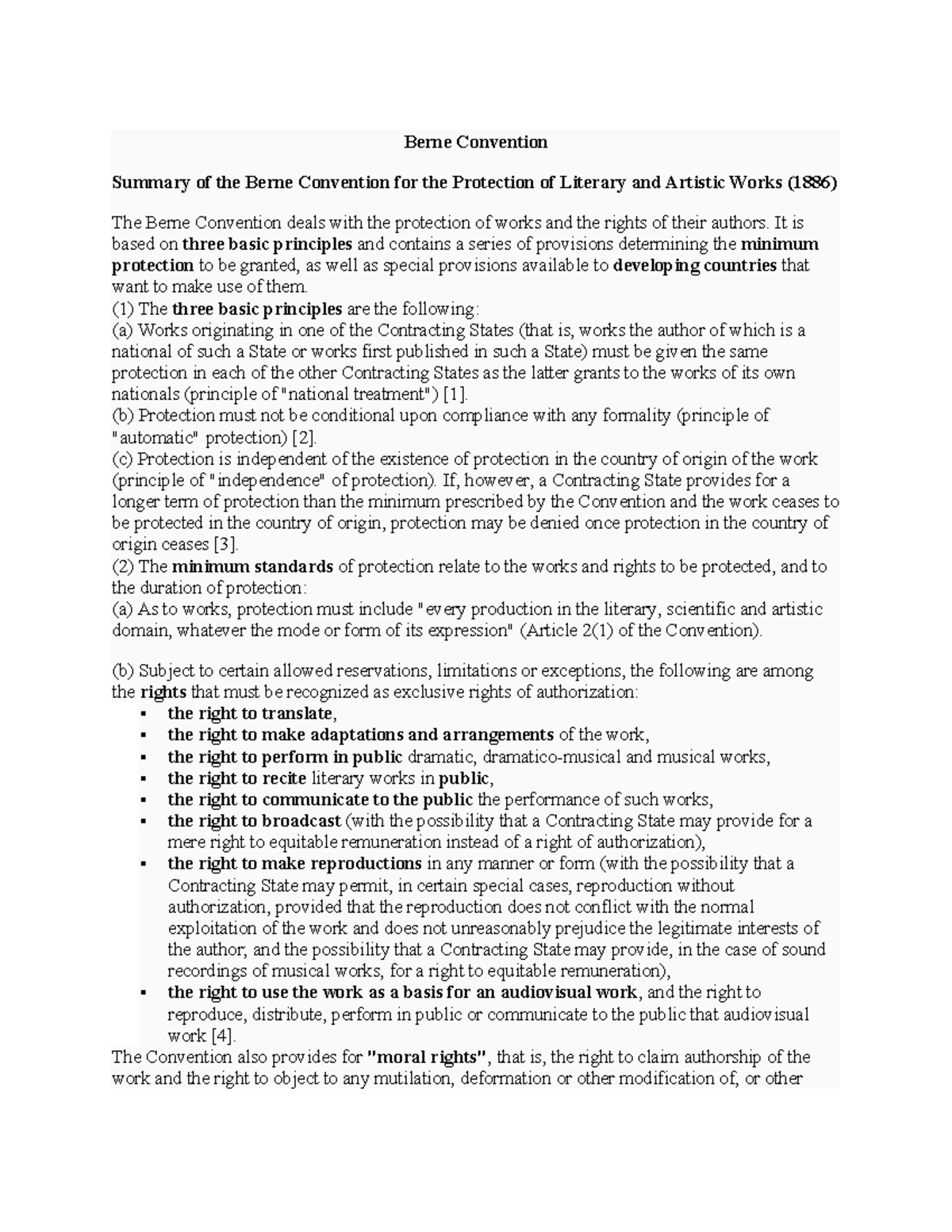Summary of the Berne Convention on Literary & Artistic Works (1886 ...