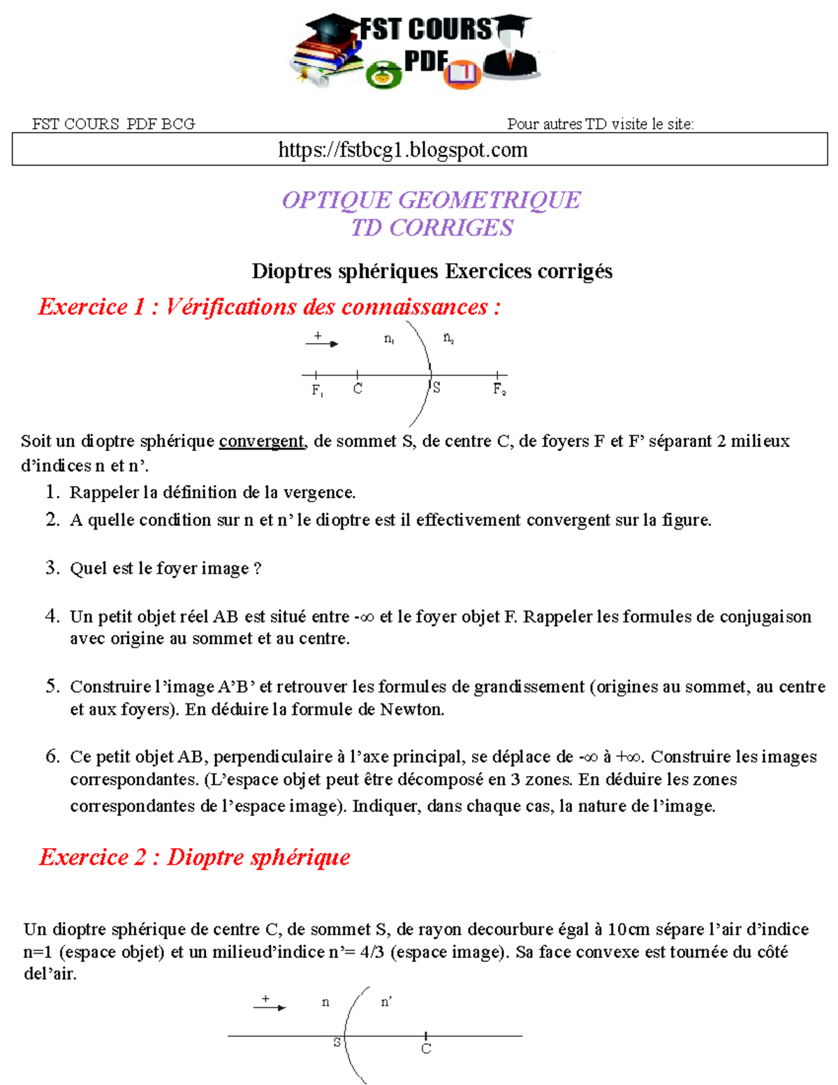 Exercices Corrigés sur les Dioptres Sphériques - FST COURS PDF BCG ...