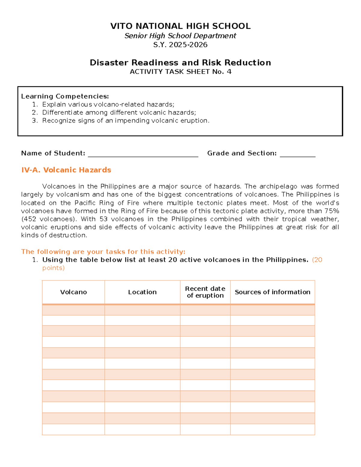 DRRR- Activity Task Sheet 4 & 5: Volcanic Hazards & Safety Measures ...