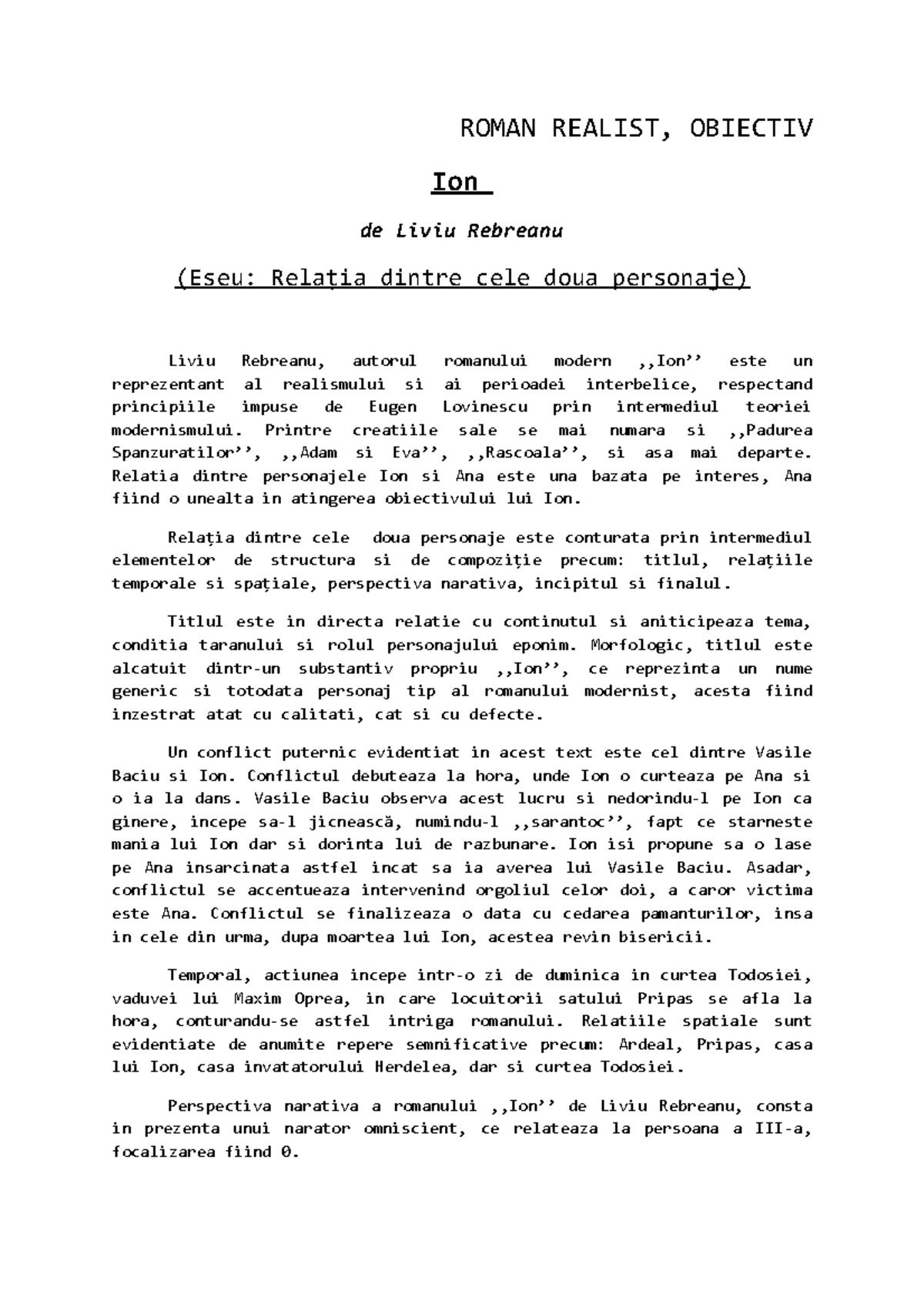 ESEU Relatia dintre doua personaje Ion - ROMAN REALIST, OBIECTIV Ion de Liviu Rebreanu (Eseu ...